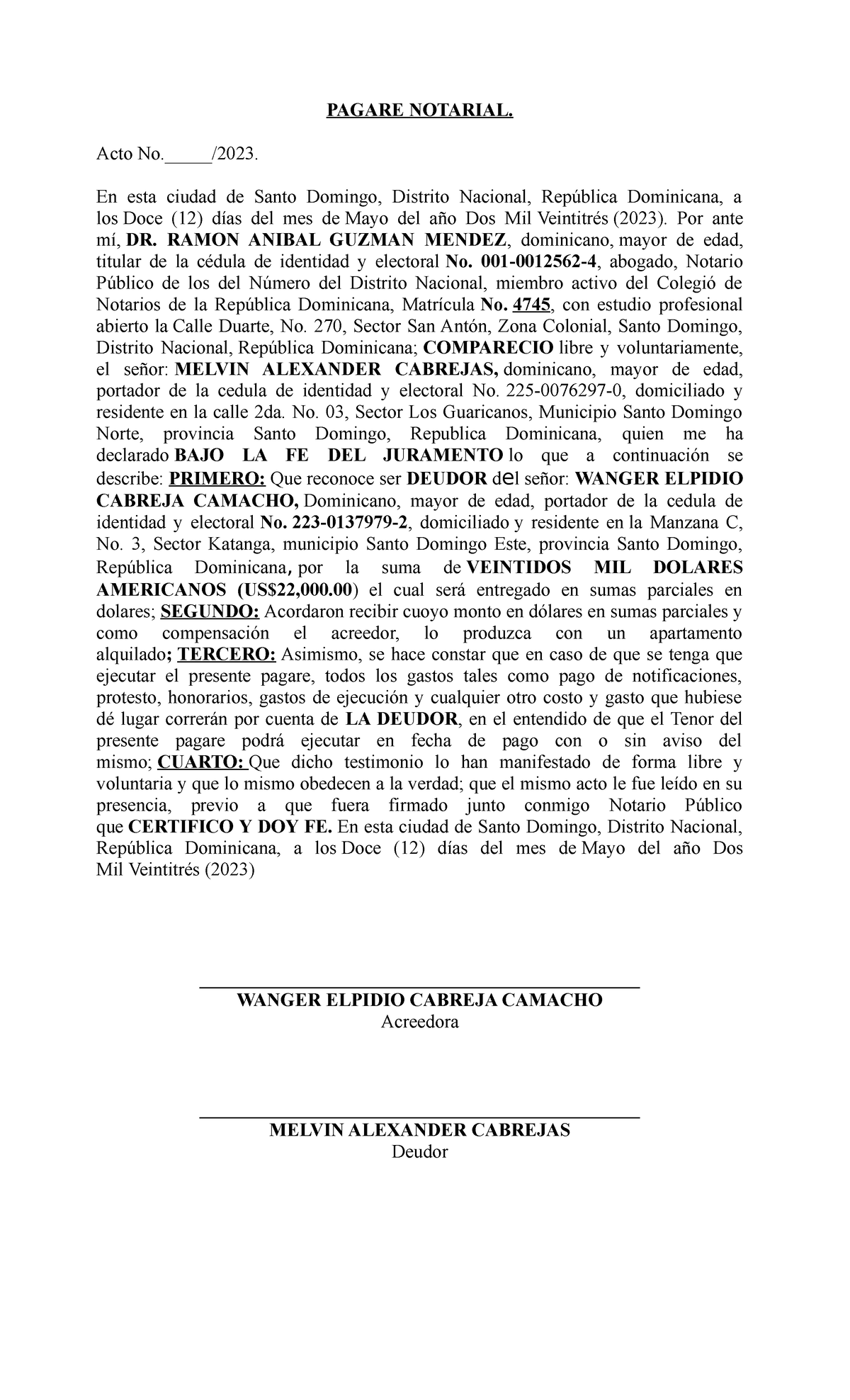 Pagare Notarialwagner - PAGARE NOTARIAL. Acto No._____/2023. En esta ...