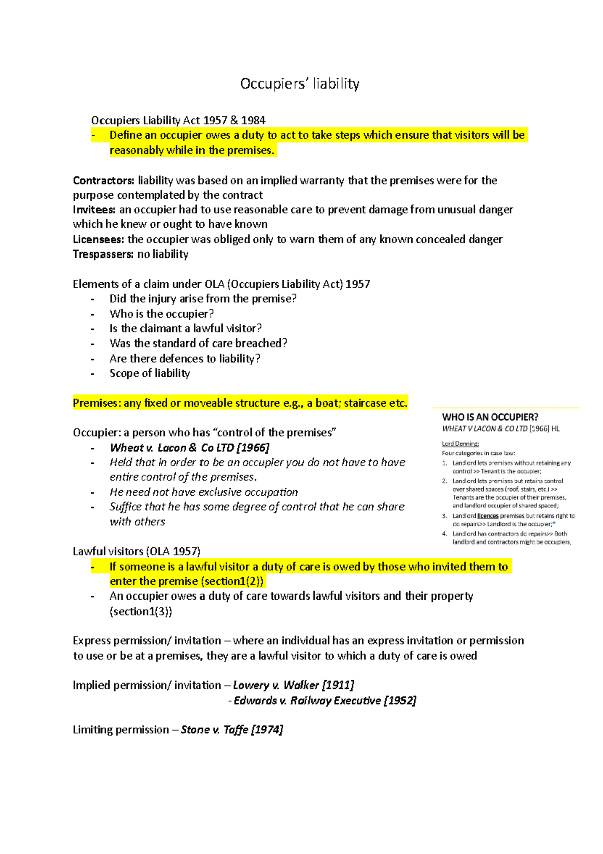 Occupiers liability - Occupiers’ liability Occupiers Liability Act 1957 ...