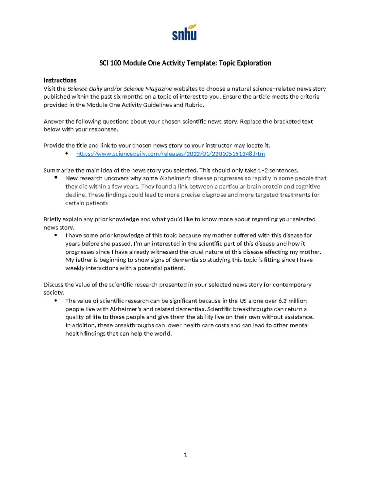 SCI 100 Module One Activity Template - Ensure the article meets the ...