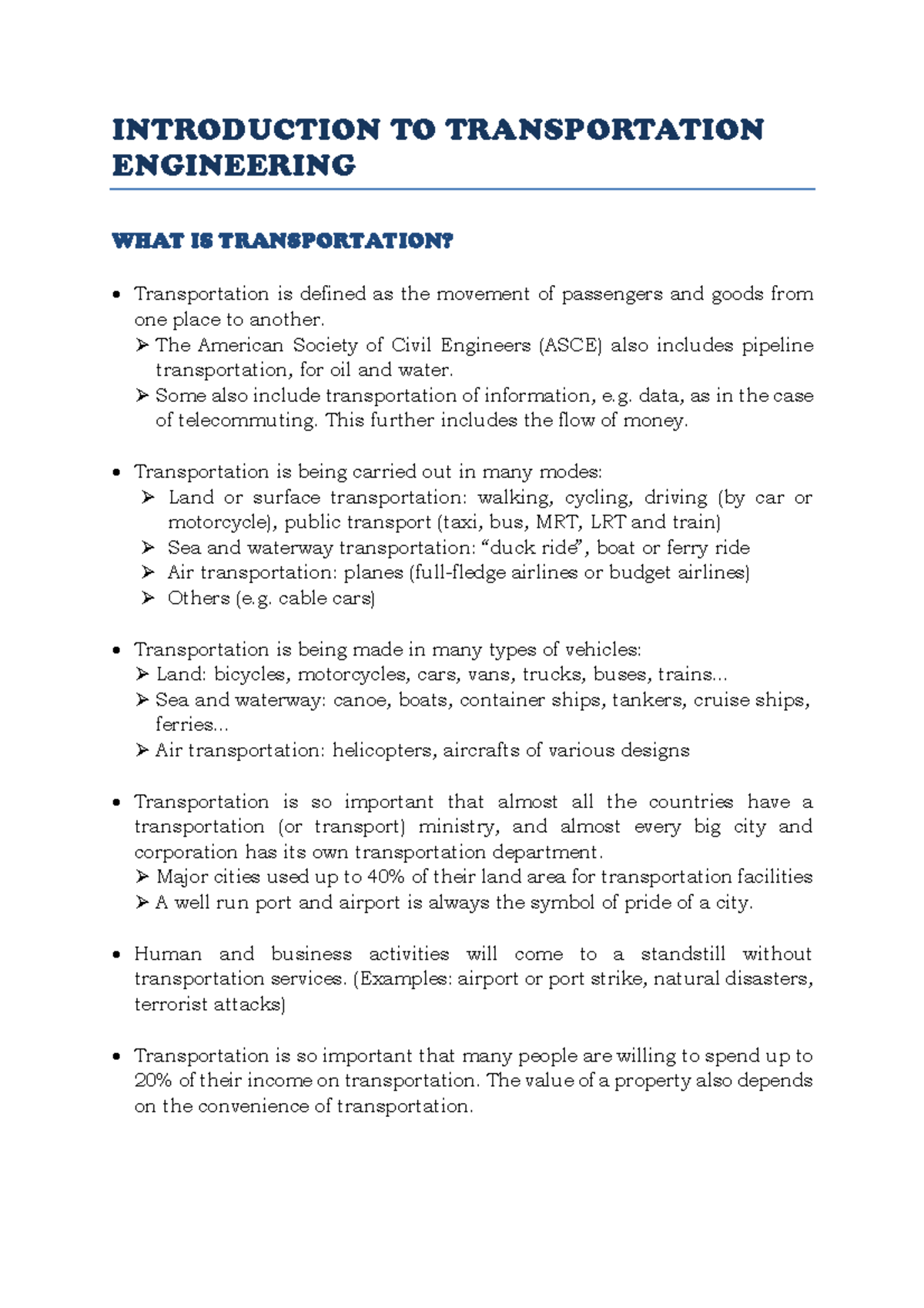 CE3132 - 01 Introduction to Transport Engineering - INTRODUCTION TO ...