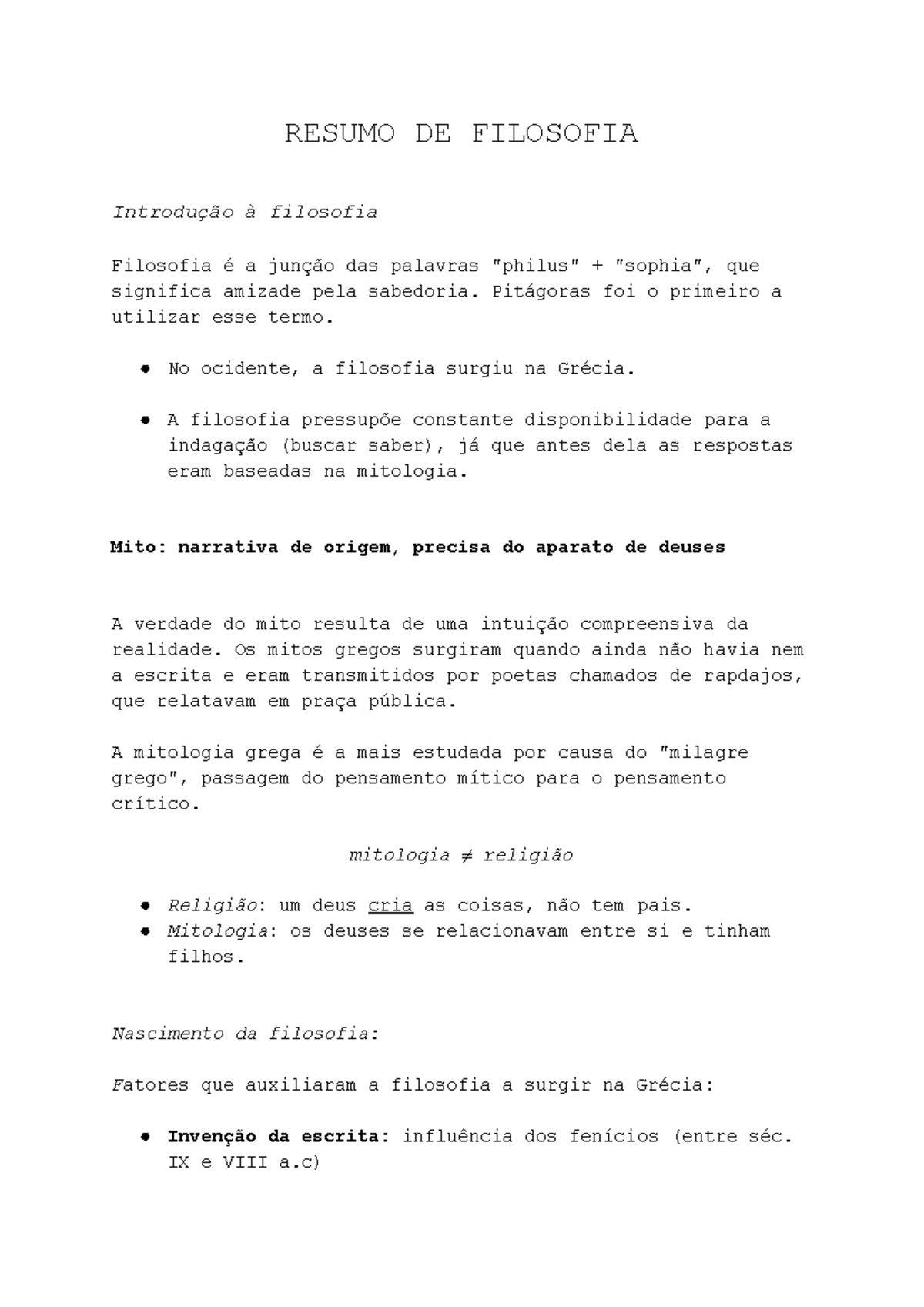 Resumo de filosofia 2 - RESUMO DE FILOSOFIA Introdução à filosofia ...