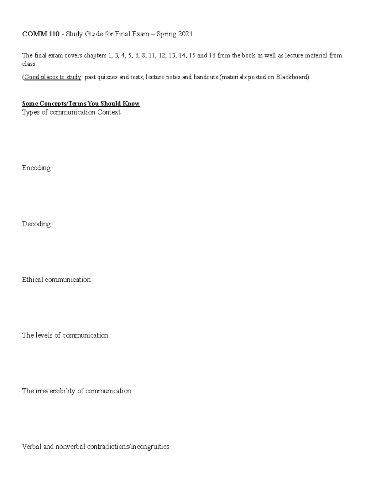 Final Exam Study Guide - Spring 2021 - COMM 110 The final exam covers ...