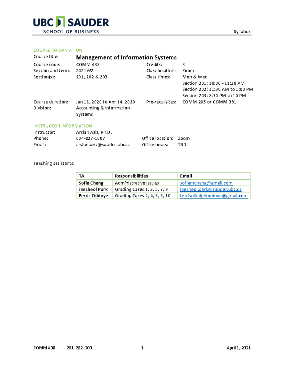 Syllabus COMM438 - COURSE INFORMATION Course title: Management of ...