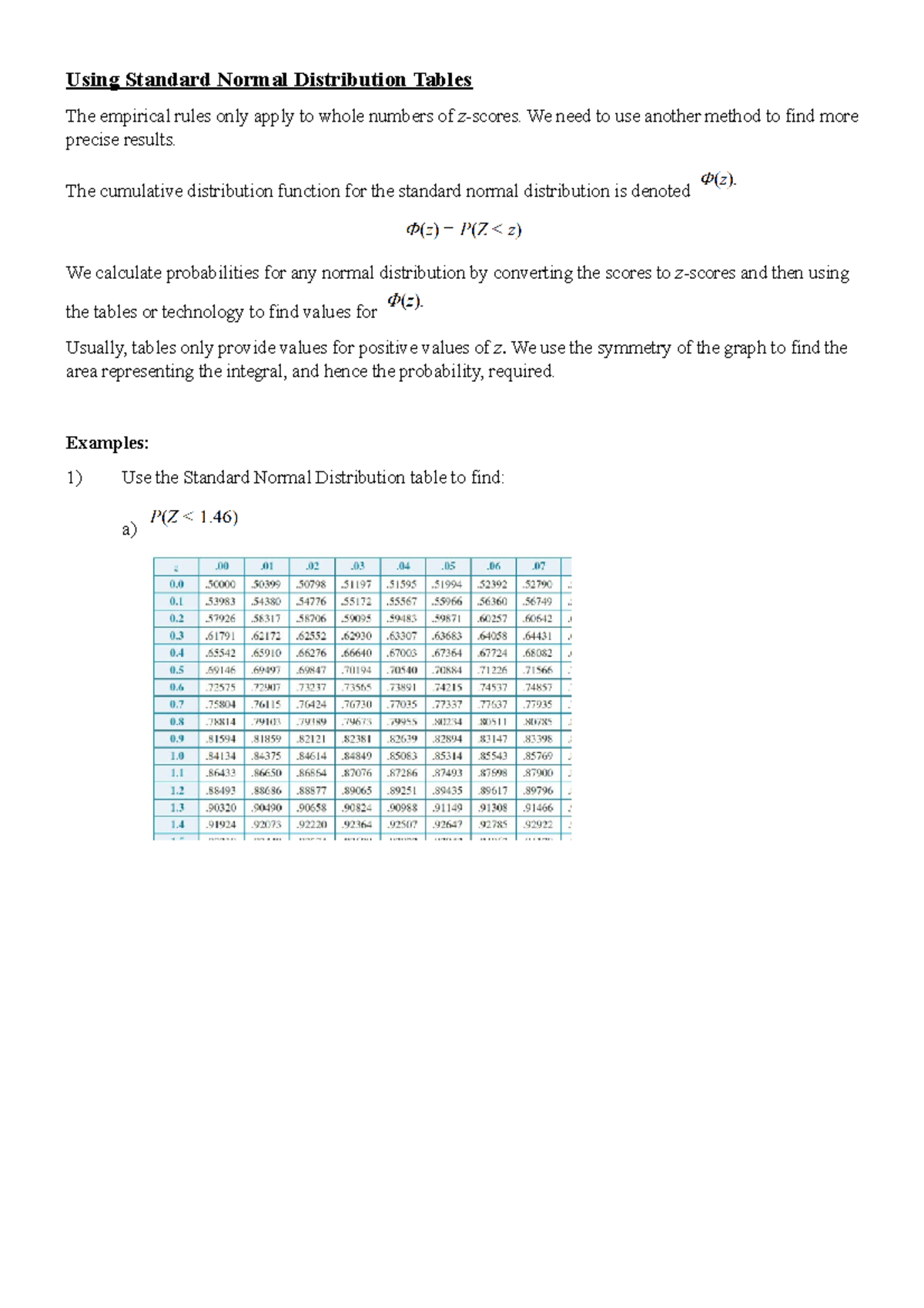 Using Standard Normal Distribution Tables blank - Using Standard Normal ...