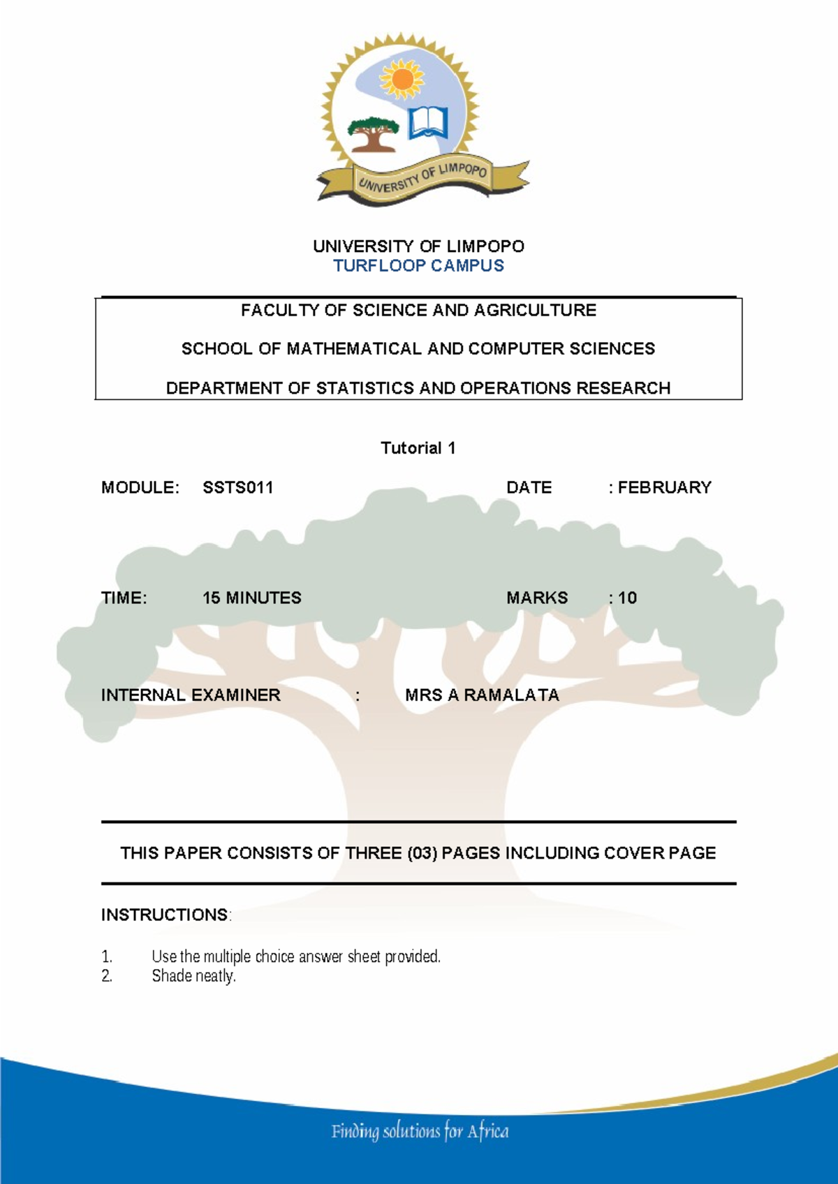Tutorial 1 - good - UNIVERSITY OF LIMPOPO TURFLOOP CAMPUS FACULTY OF ...