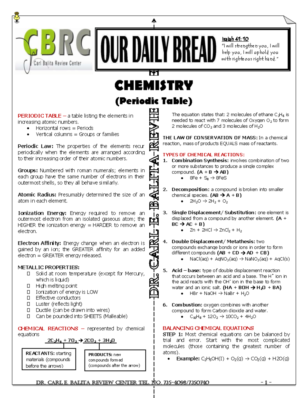 ODB - Chem (Periodic Table) - DR. CARL E. BALITA REVIEW CENTER TEL. NO ...