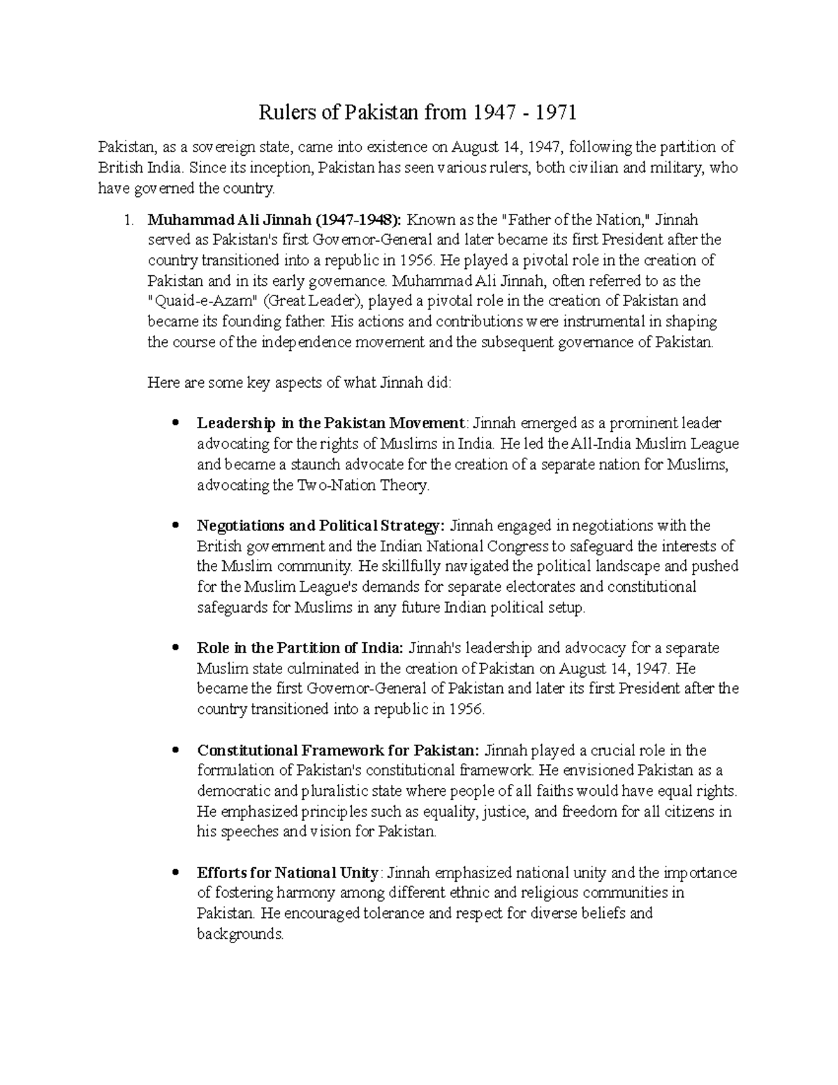 Pakistan after Partition of 1947 - Rulers of Pakistan from 1947 - 1971 ...