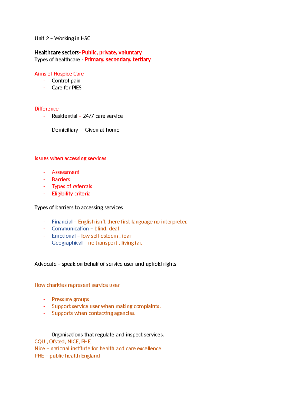 Unit 2 - Unit 2 – Working in HSC Healthcare sectors- Public, private ...