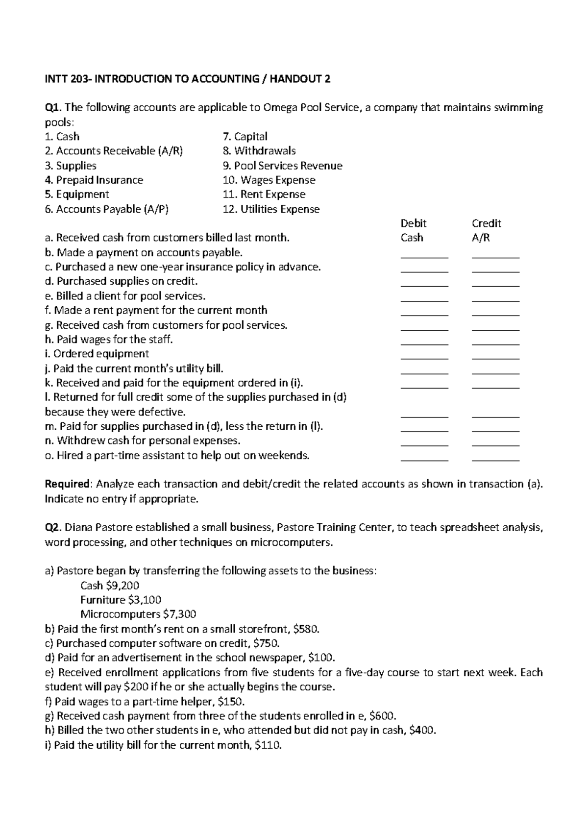 INTT 203 Handout 2 - INTT INTRODUCTION TO ACCOUNTING HANDOUT 2 Q1. The ...