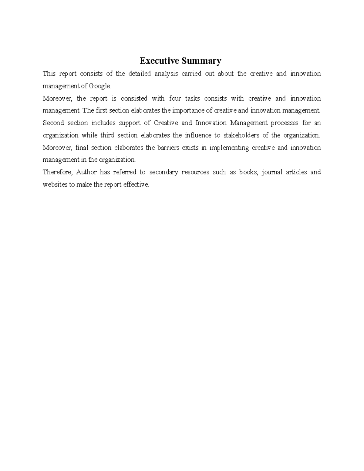 Shehan - Creativty and innovation - Executive Summary This report ...