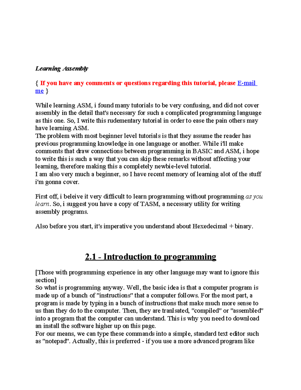 Assembly languages - Learning Assembly { If you have any comments or questions regarding this ...