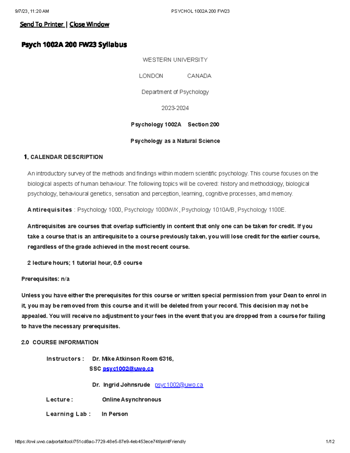 Course Outline: Psychology 1002A - Send To Printer | Close Window Psych 1002A 200 FW23 Syllabus ...