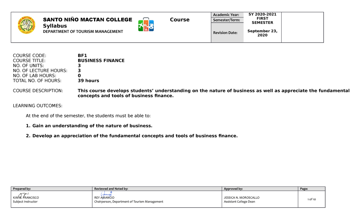 Syllabus Business Finance - SANTO NIÑO MACTAN COLLEGE Course Syllabus ...