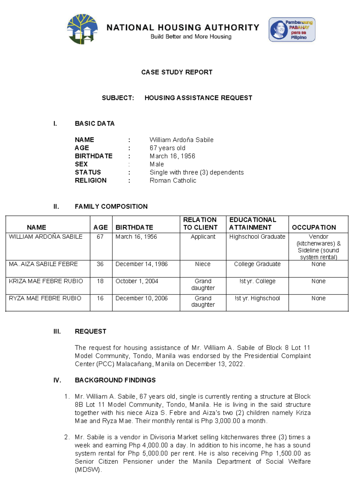 SAMPLE CASE WORK - CASE STUDY REPORT SUBJECT: HOUSING ASSISTANCE ...