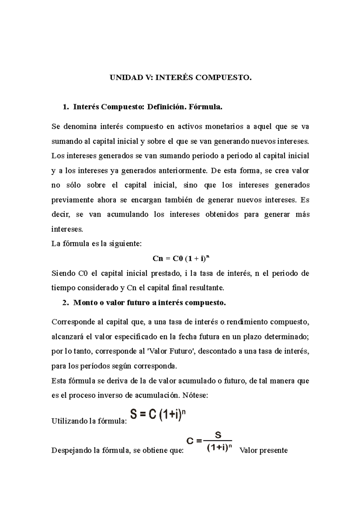 Interés Compuesto - Cuestionario - UNIDAD V: INTERÉS COMPUESTO. 1 ...