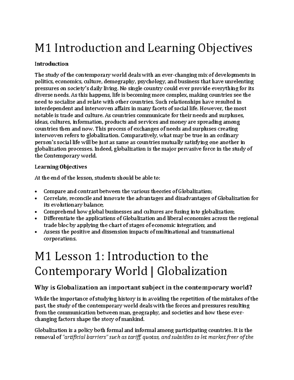 TCW Module 1 - contemporary world - M1 Introduction and Learning Objectives Introduction The ...