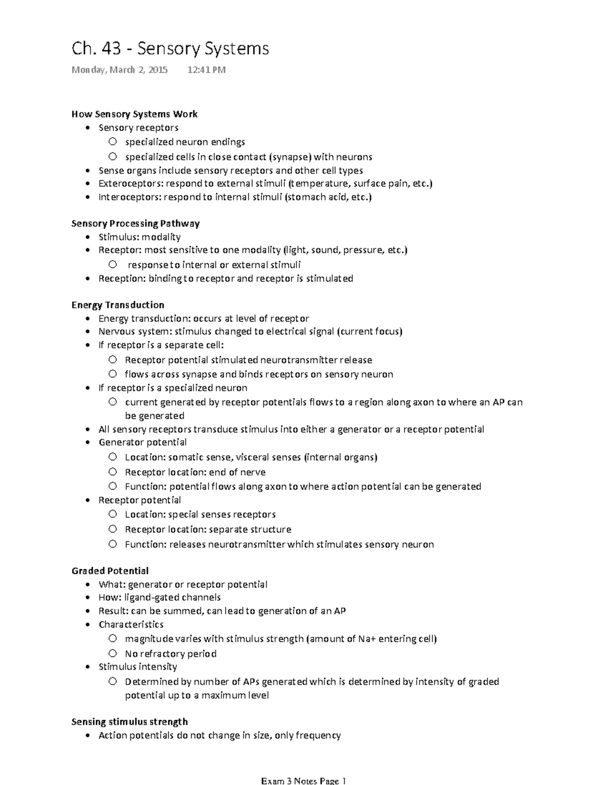 Ch. 43 - Sensory Systems - Ch. 43 - Sensory Systems Monday, March 2 ...