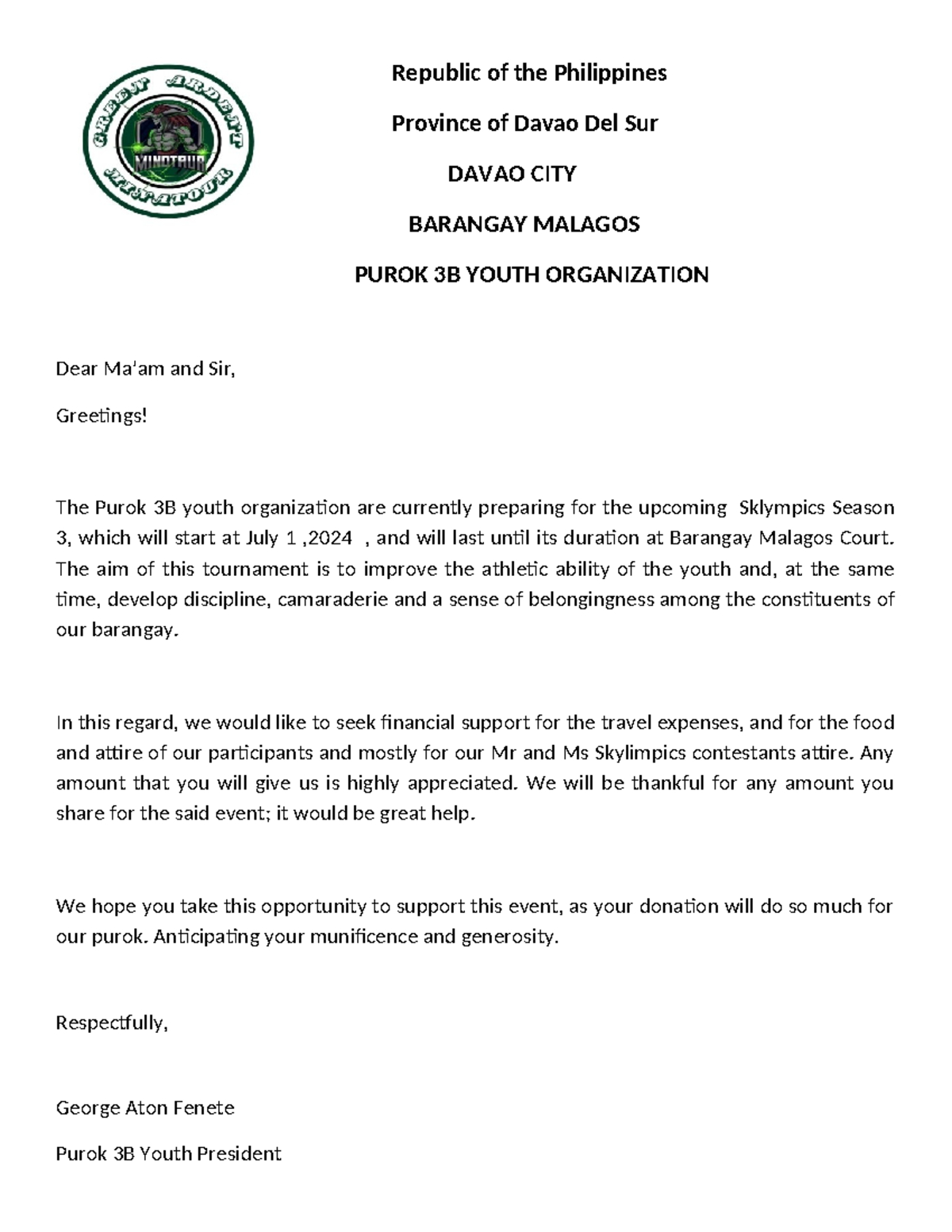 Solicitaion letter - example of solicitation - Republic of the ...