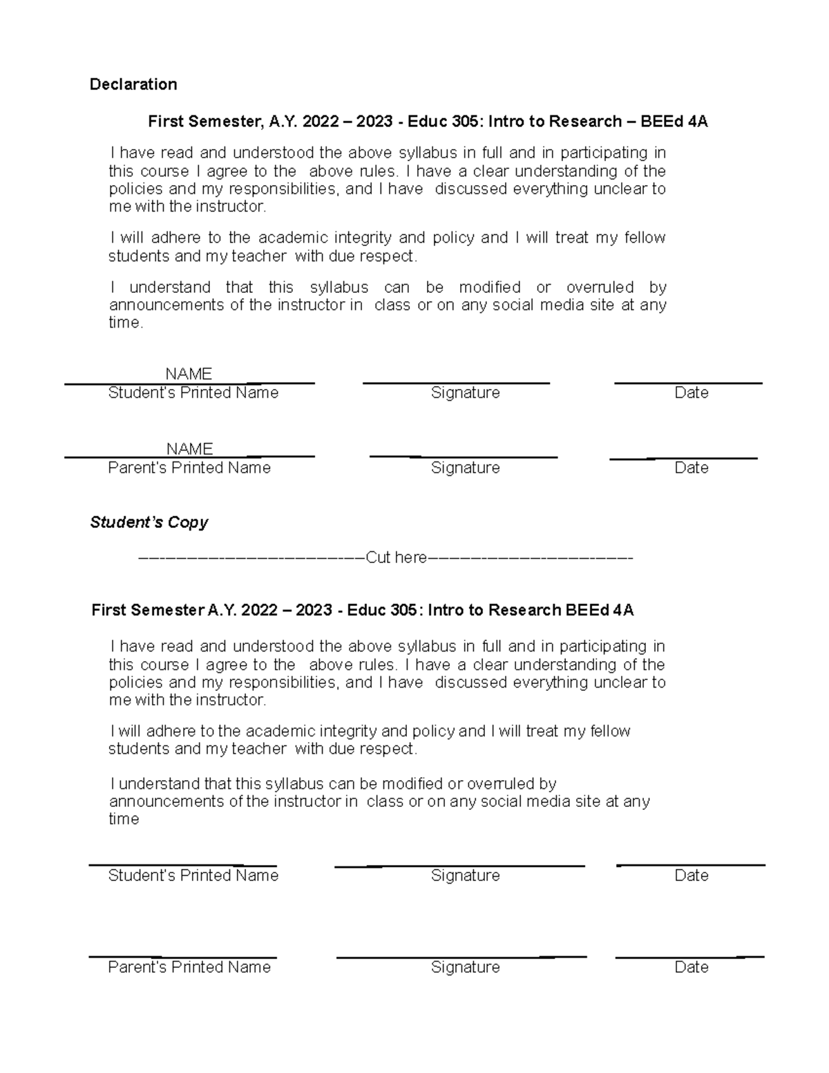 Declaration Intro to Research - Declaration First Semester, A. 2022 ...