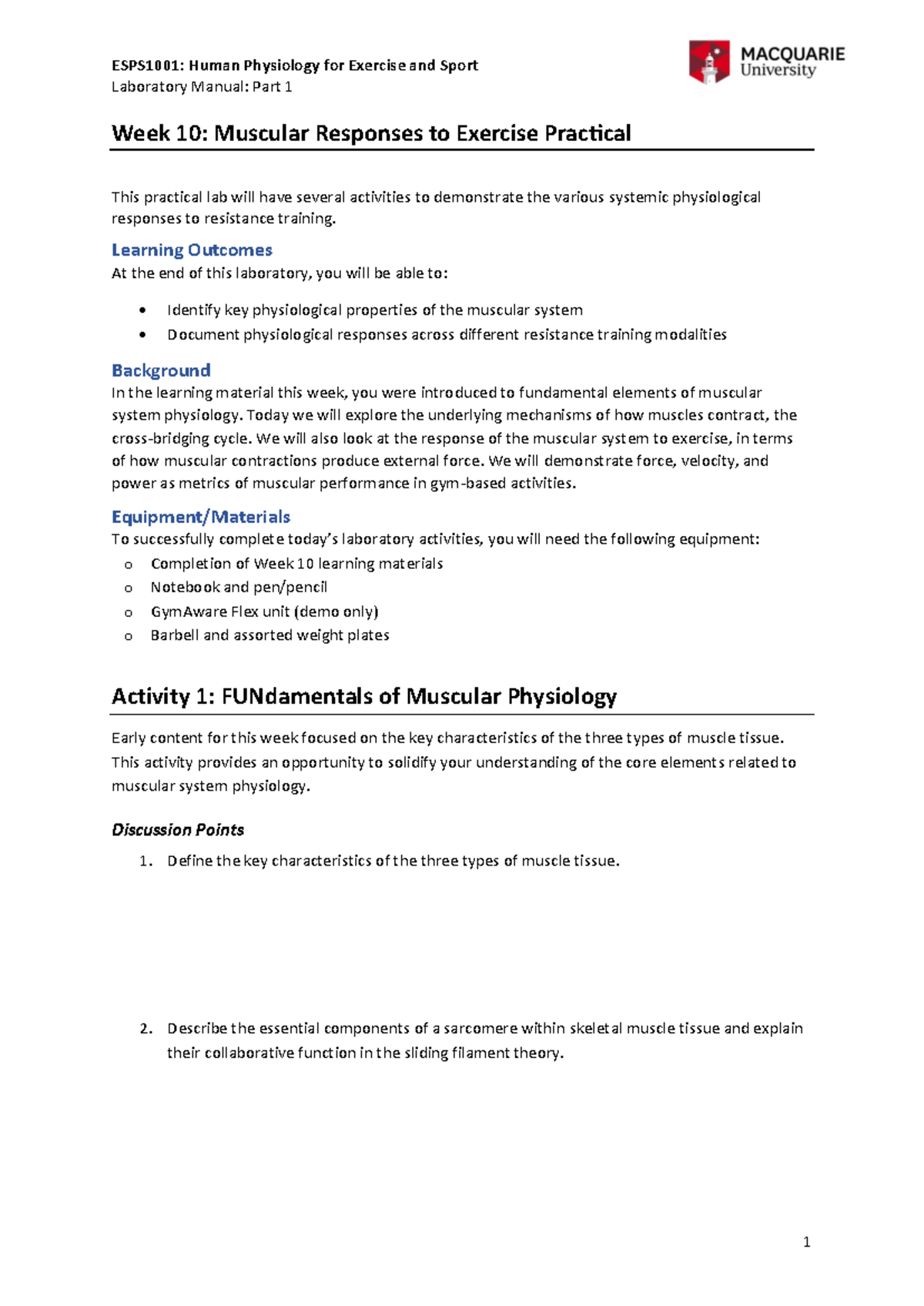 Week10 Muscular Responses to Exercise 2024 - Laboratory Manual: Part 1 Week 10 : Muscular ...