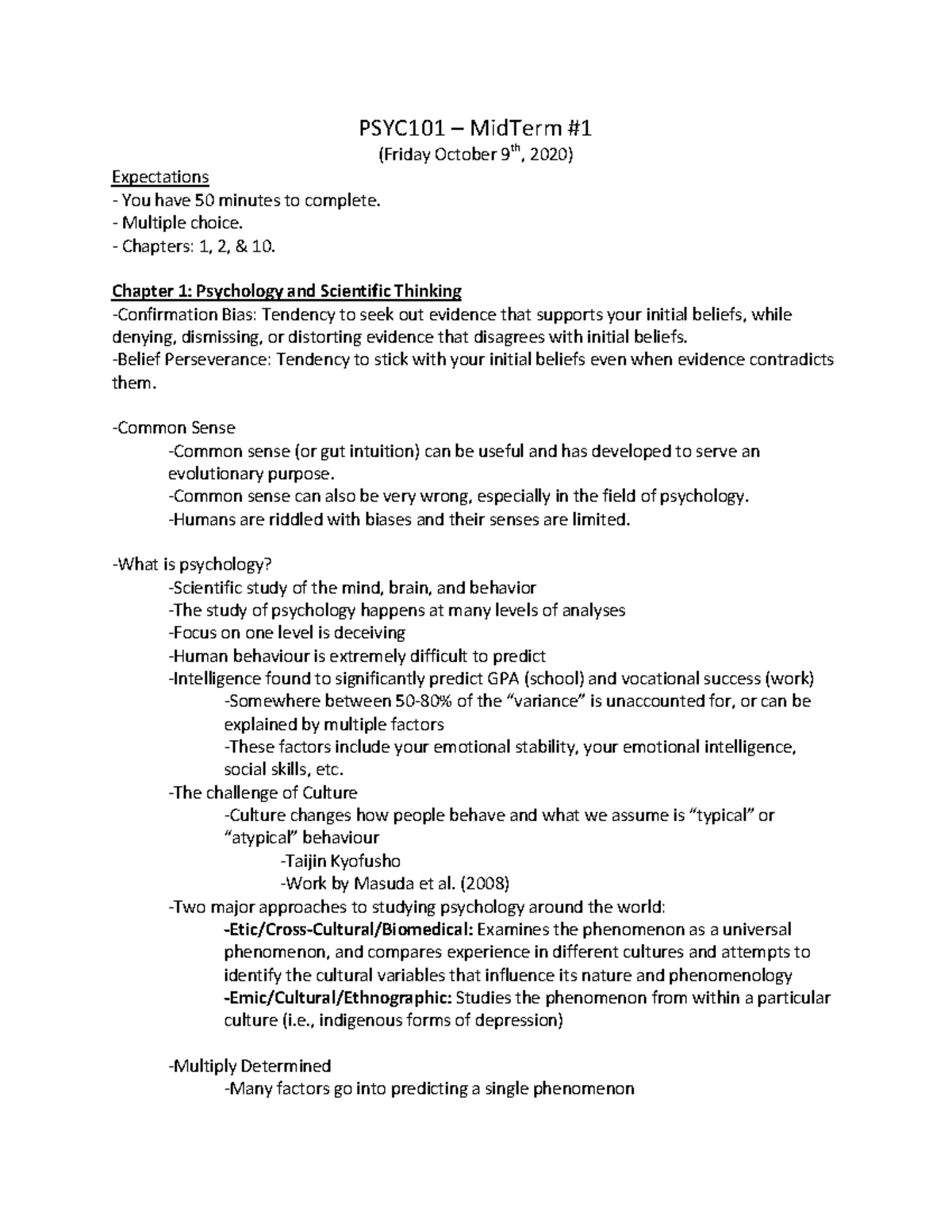 PSYC101 – Mid Term#1 - PSYC101 – MidTerm (Friday October 9th, 2020 ...