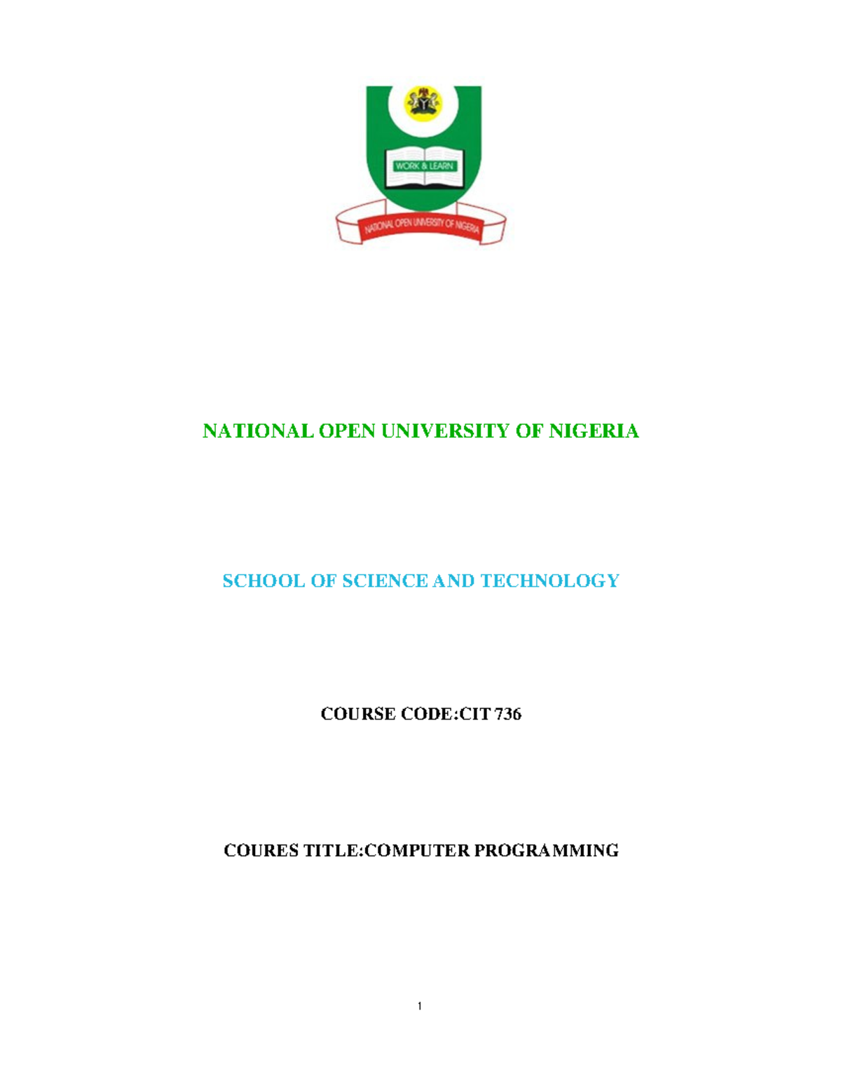 CIT-Computer Programming - NATIONAL OPEN UNIVERSITY OF NI GERI A SCHOOL ...