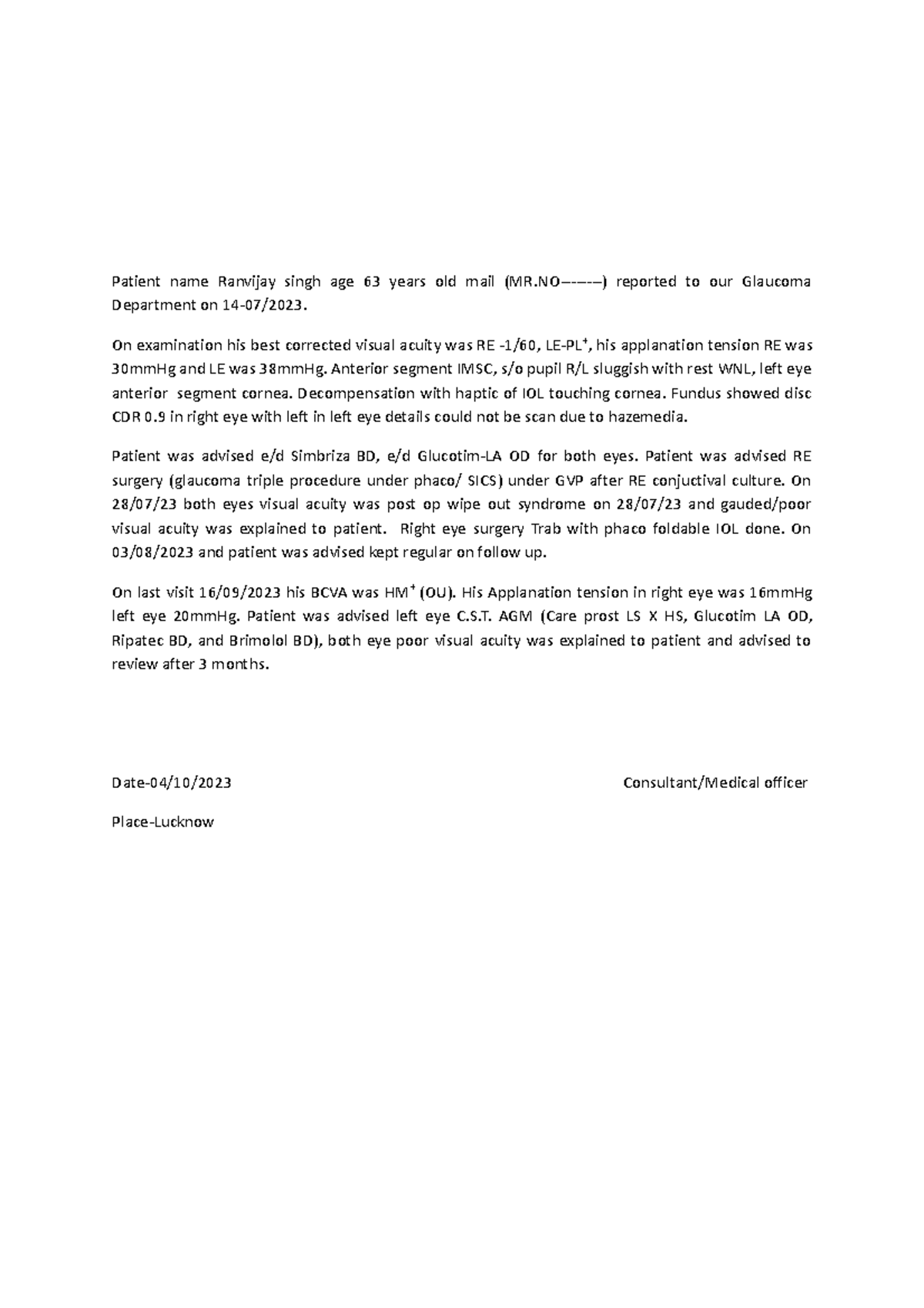 RAN Vijay Singh - pfa - Patient name Ranvijay singh age 63 years old ...