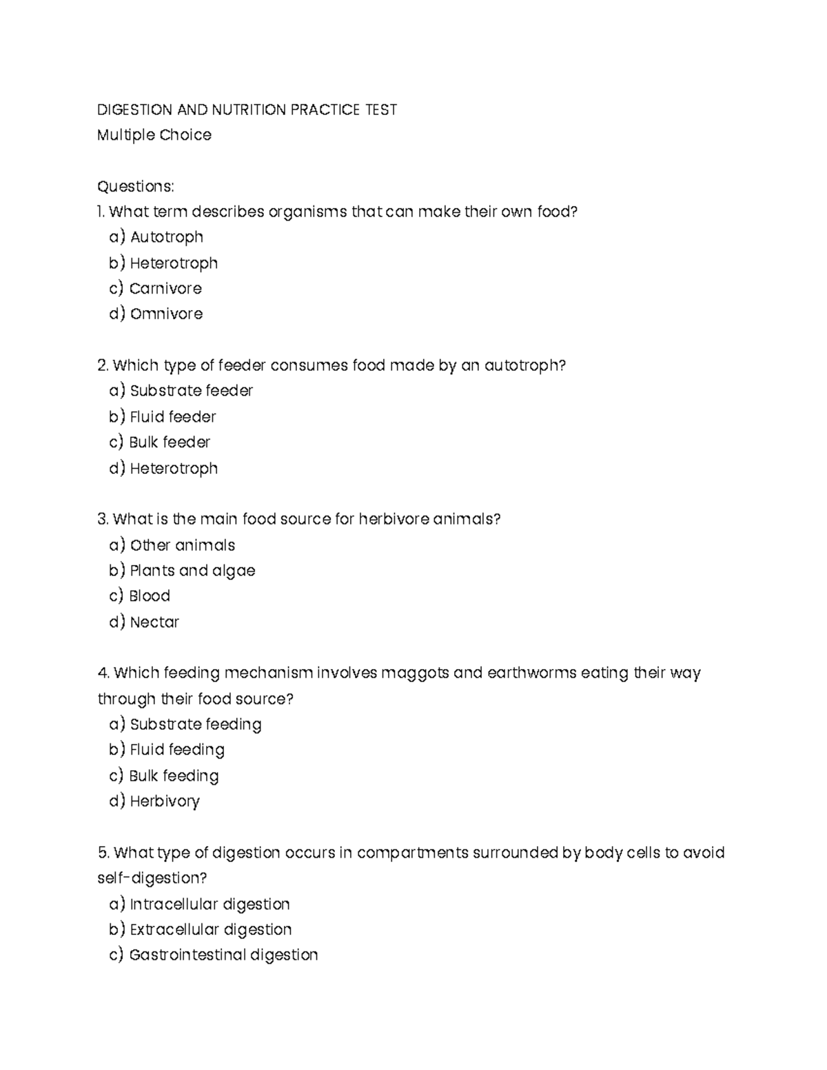 DIGESTION AND NUTRITION PRACTICE TEST - DIGESTION AND NUTRITION ...