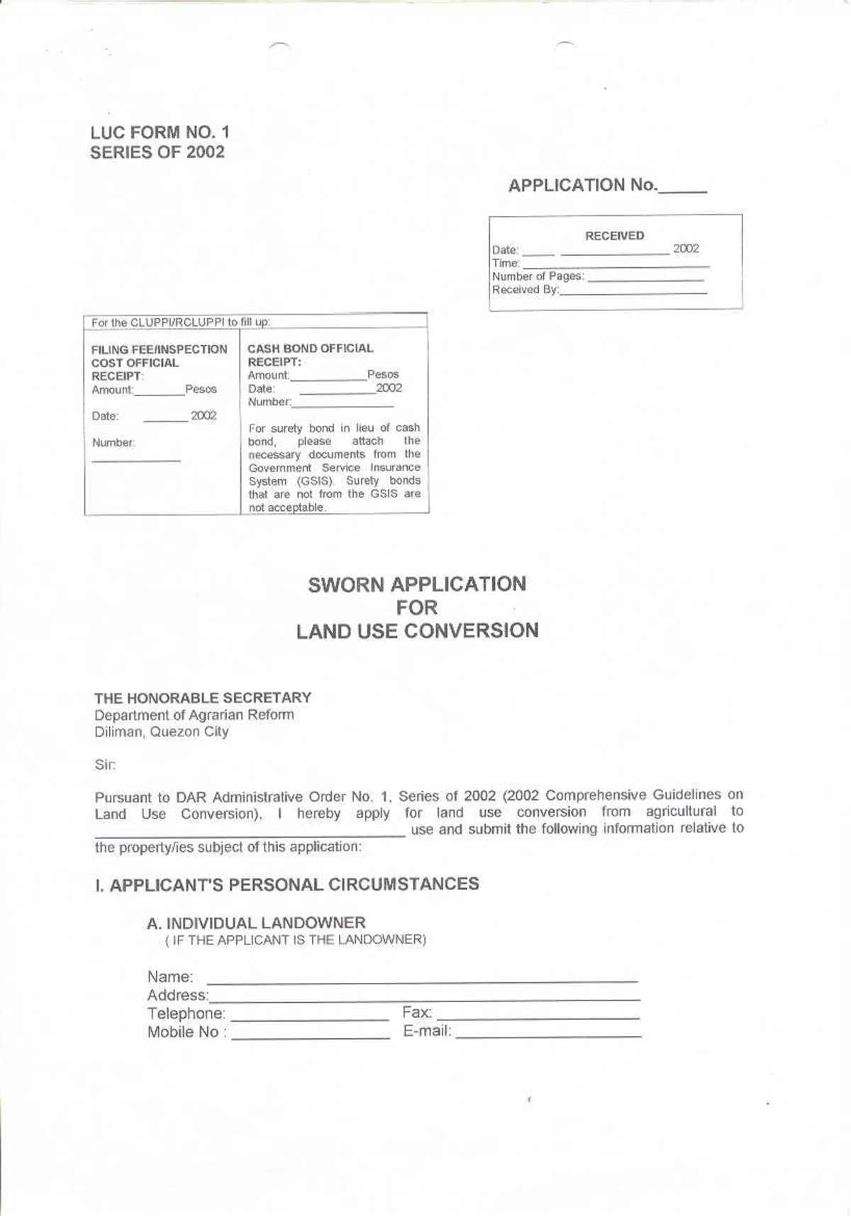 LUC Form 1-3 - Pro forma documentation - LUC FORM NO. 1 SERIES OF 2002 ...