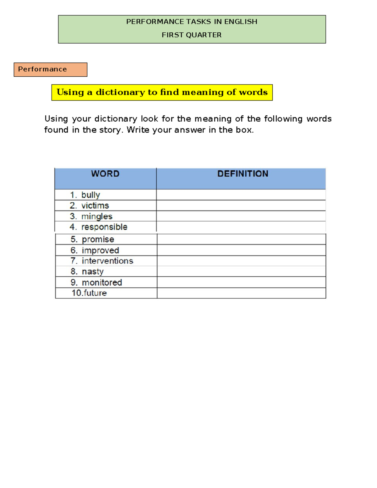 English performance-task - Using your dictionary look for the meaning ...