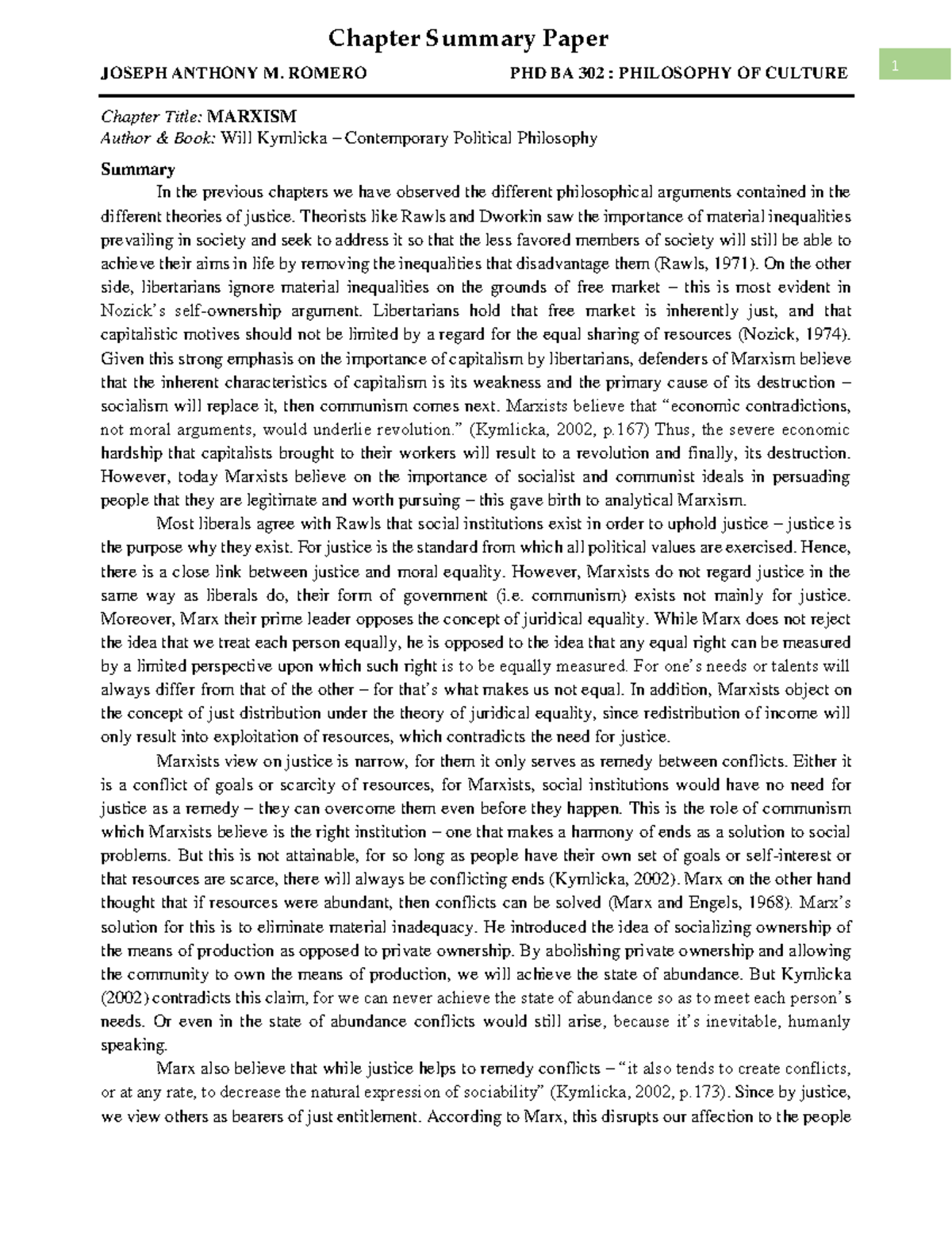 University of San Carlos Chapter Summary-Marxism-Will Kymlicka ...