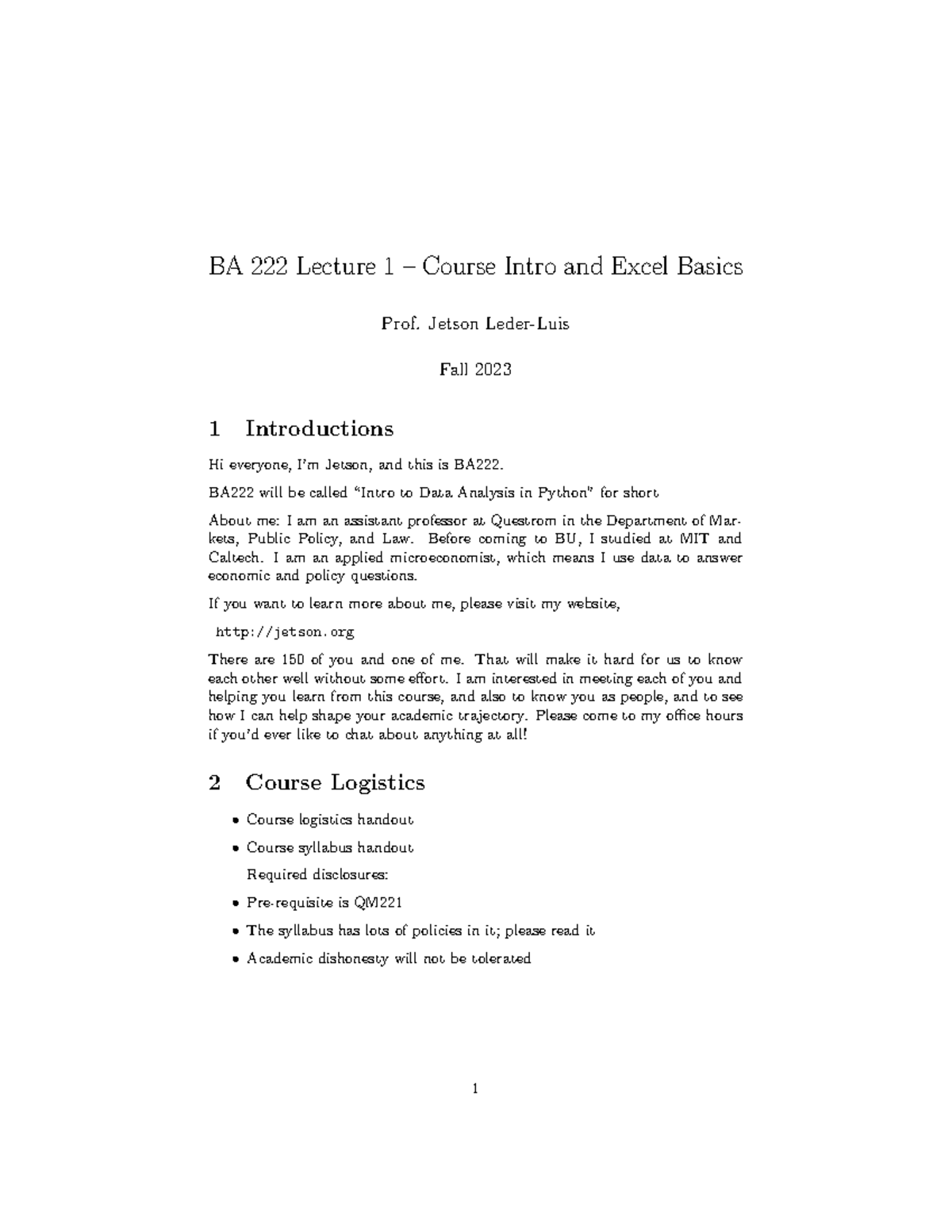 BA222 Lecture 1 - BA 222 Lecture 1 – Course Intro and Excel Basics Prof. Jetson Leder-Luis Fall ...