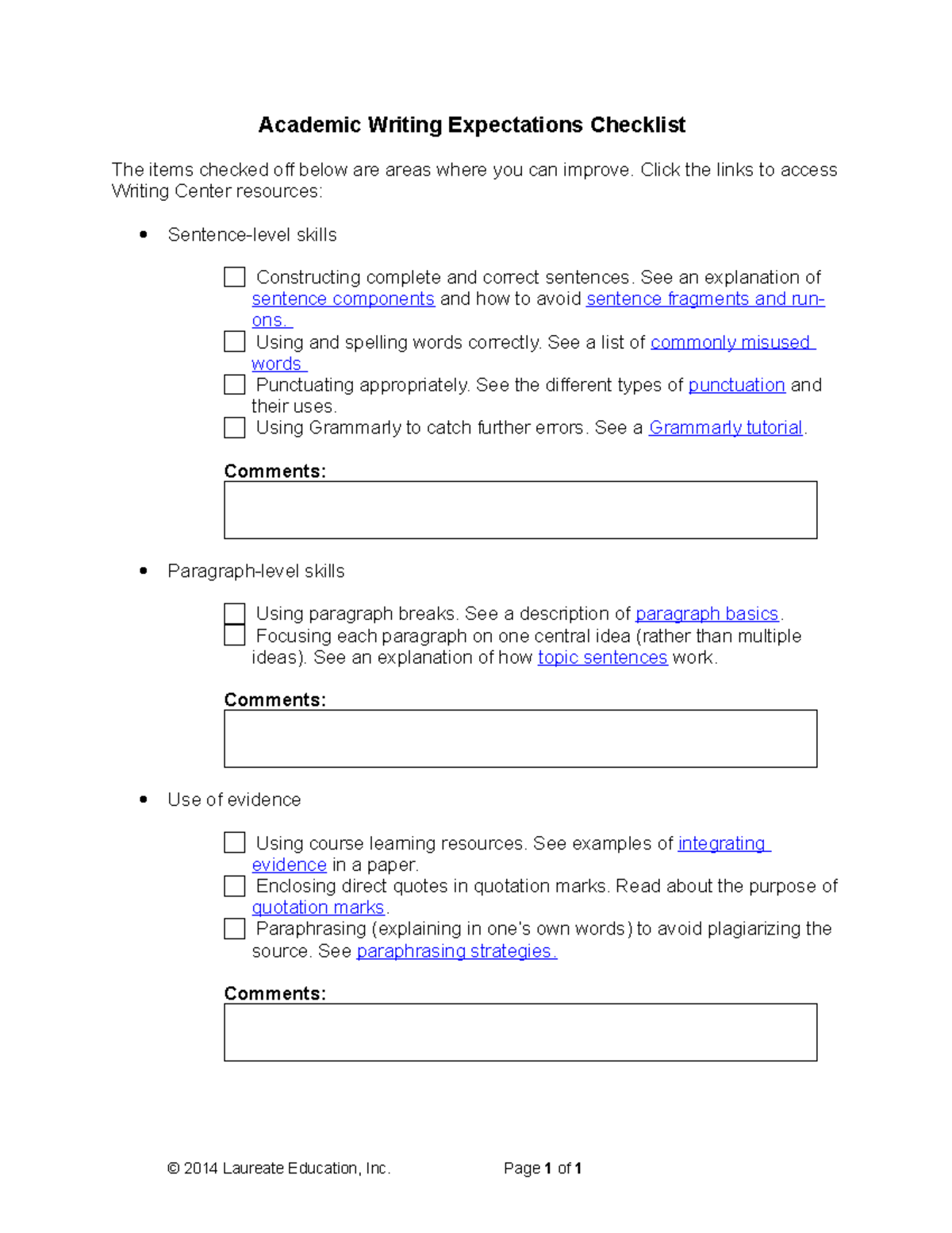 USW1 HMNT 1001 Academic Writing Expectations Checklist - Academic ...