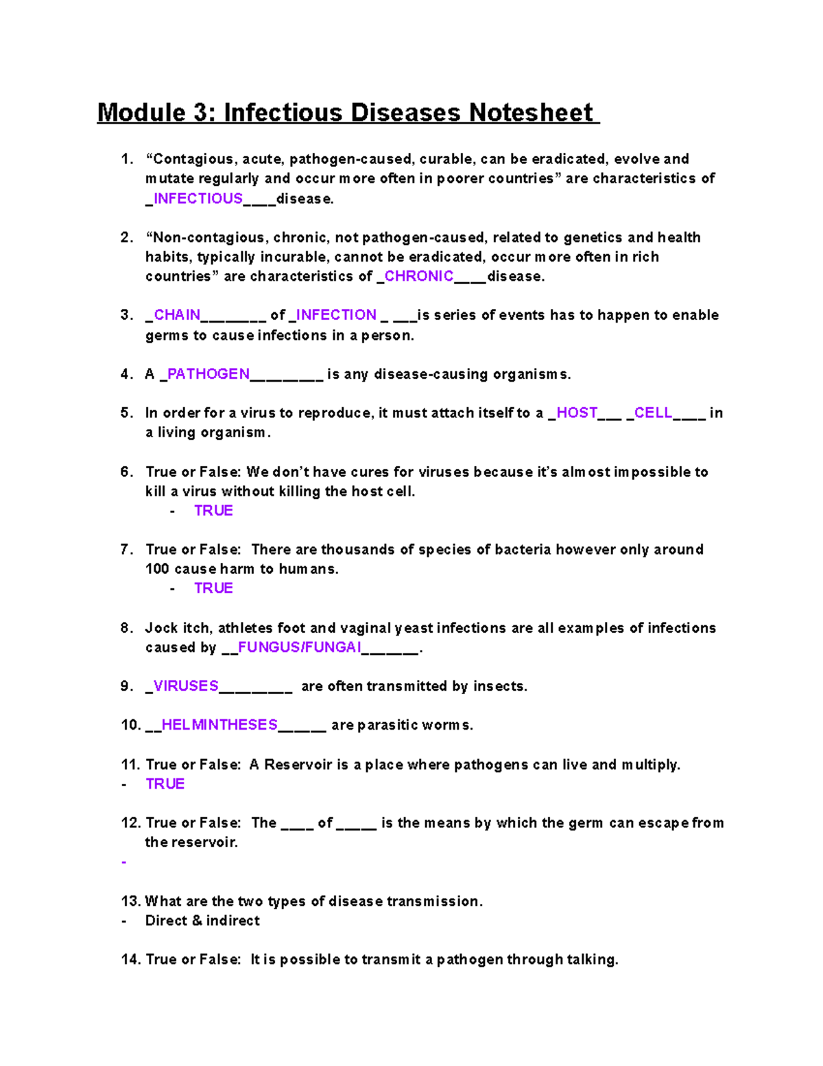 Notesheet - Notes. - Module 3: Infectious Diseases Notesheet ...