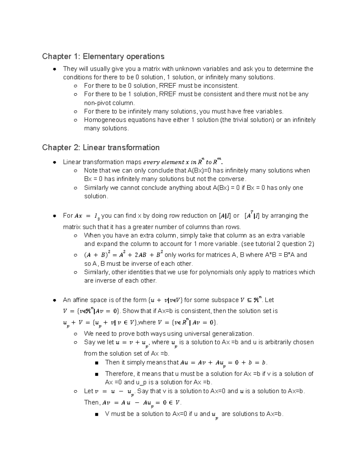 MA1522 Mid Term - Summary - Chapter 1: Elementary operations They will usually give you a matrix ...