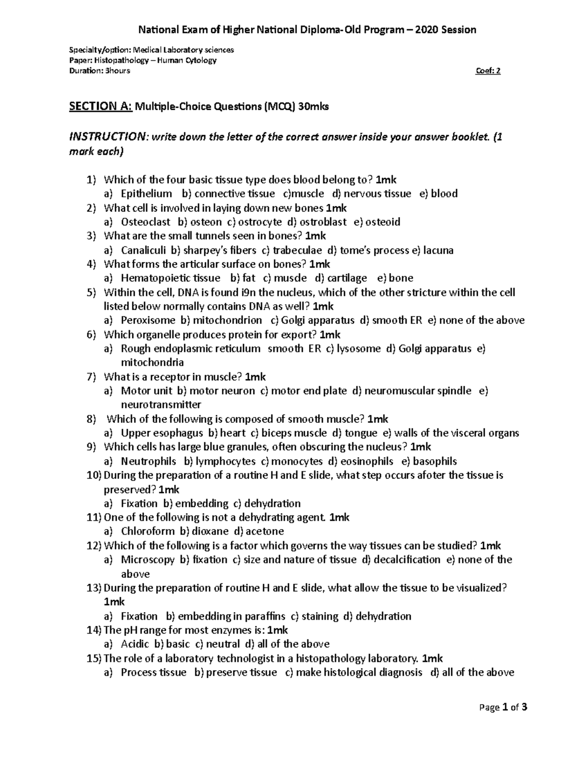 HND 2020 Histopathology - Human Cytology - National Exam of Higher National Diploma-Old Program ...