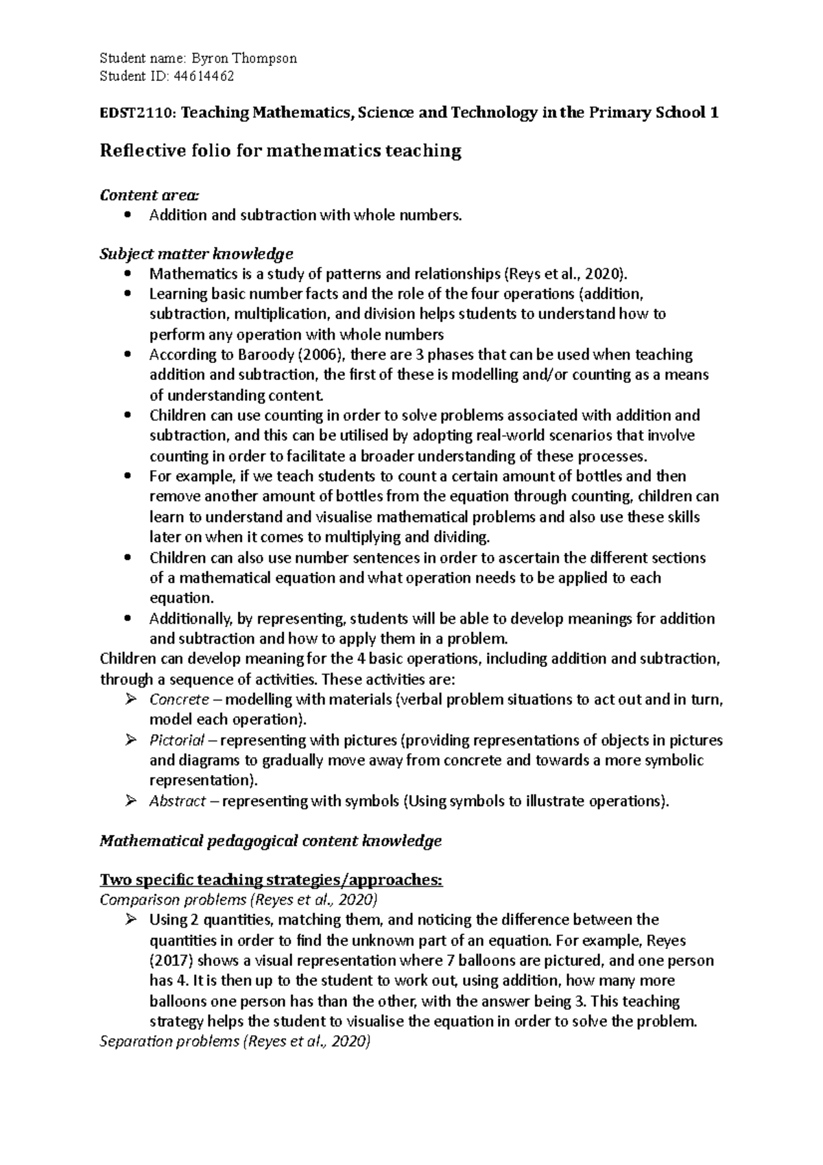 Reflective folio entry 1 - Addition and Subtraction - Student ID ...