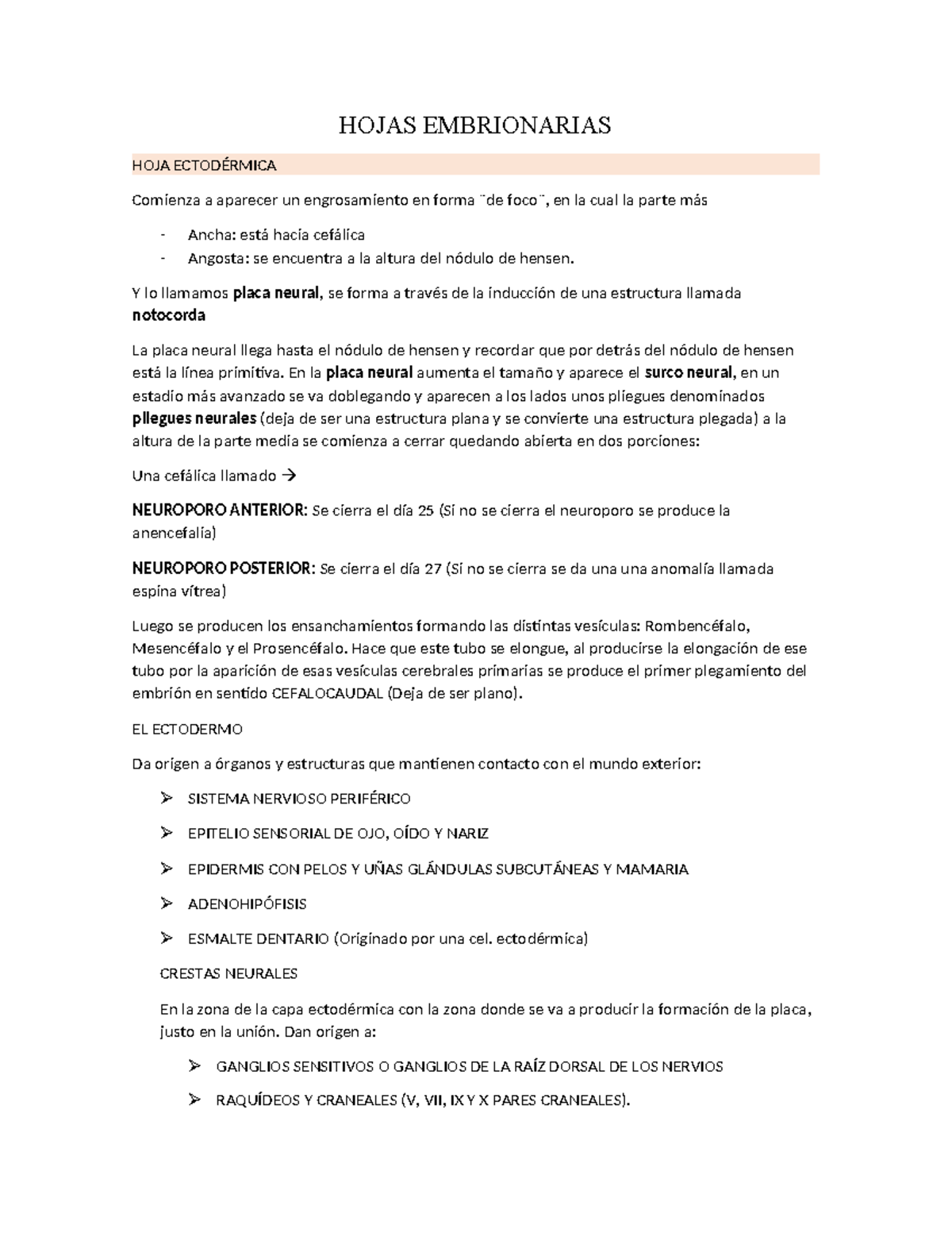 1 Hojas embrionarias - HOJAS EMBRIONARIAS HOJA ECTODÉRMICA Comienza a ...