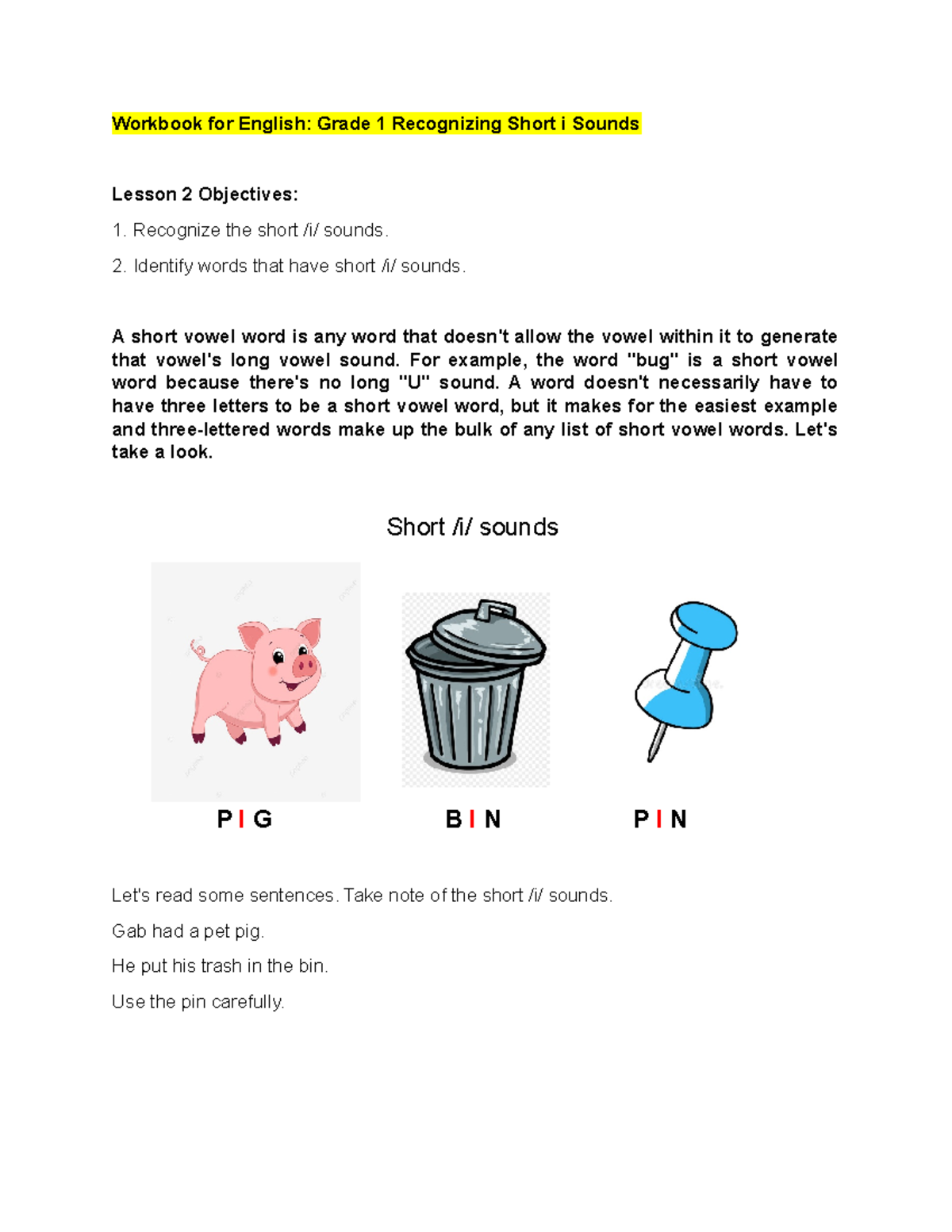 Workbook for English - Identify words that have short /i/ sounds. A ...