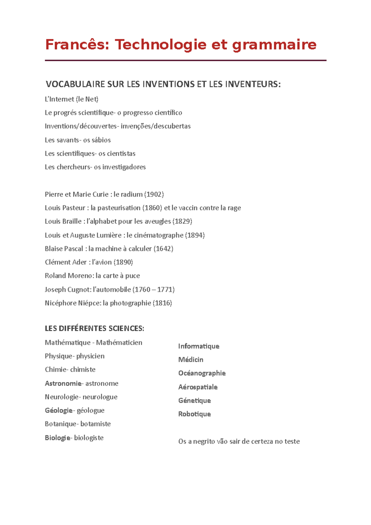 Francês - francês - Francês: Technologie et grammaire VOCABULAIRE SUR ...