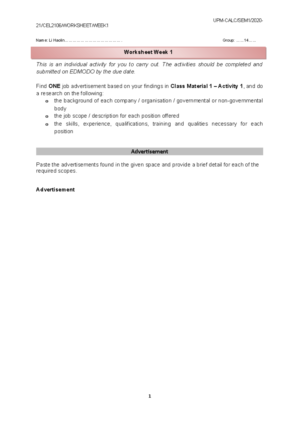CEL 2106 SCL Worksheet WEEK 1 - 21/CEL2106/WORKSHEET/WEEK Name: Li ...