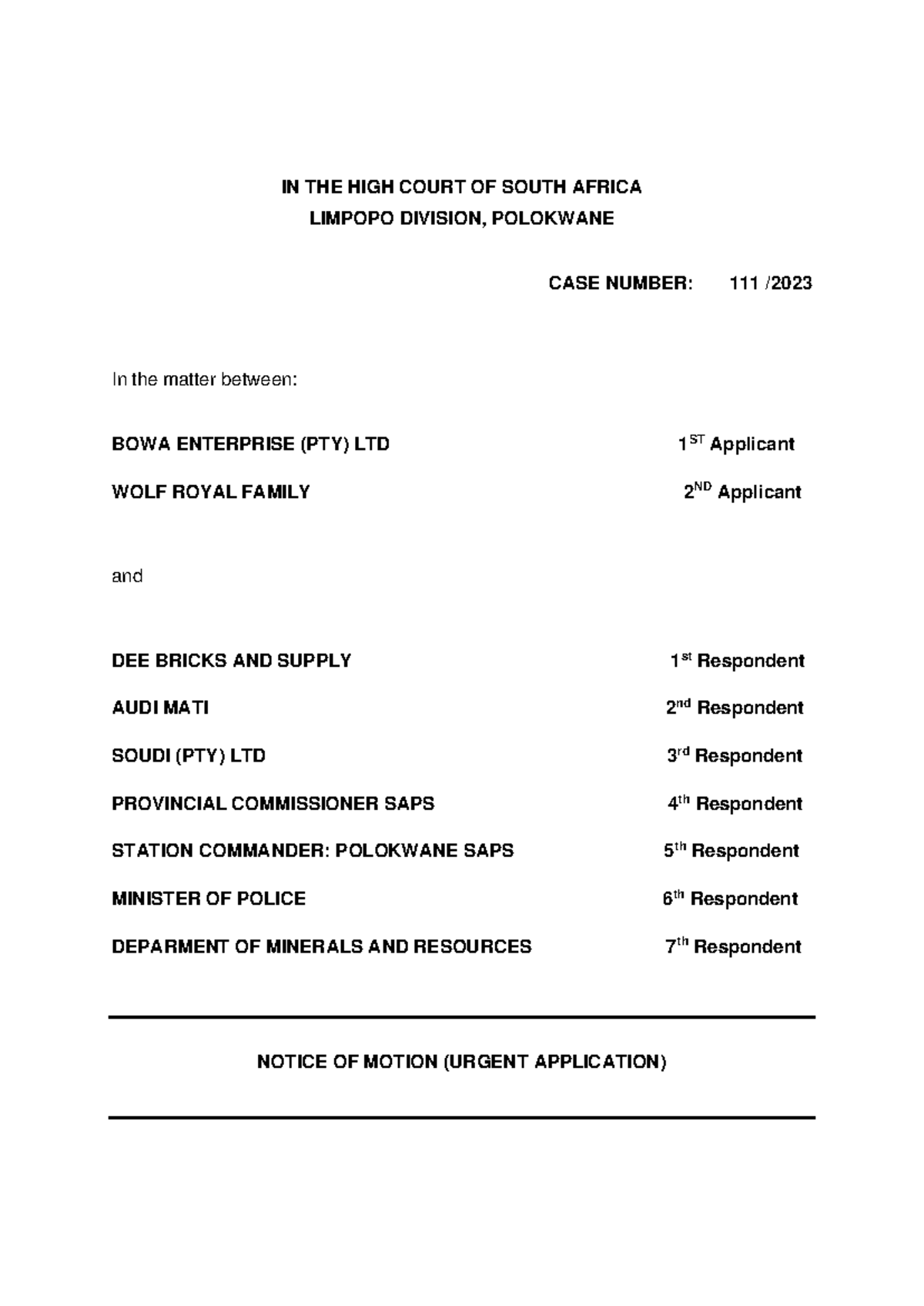 1 Sample Urgent application - IN THE HIGH COURT OF SOUTH AFRICA LIMPOPO ...
