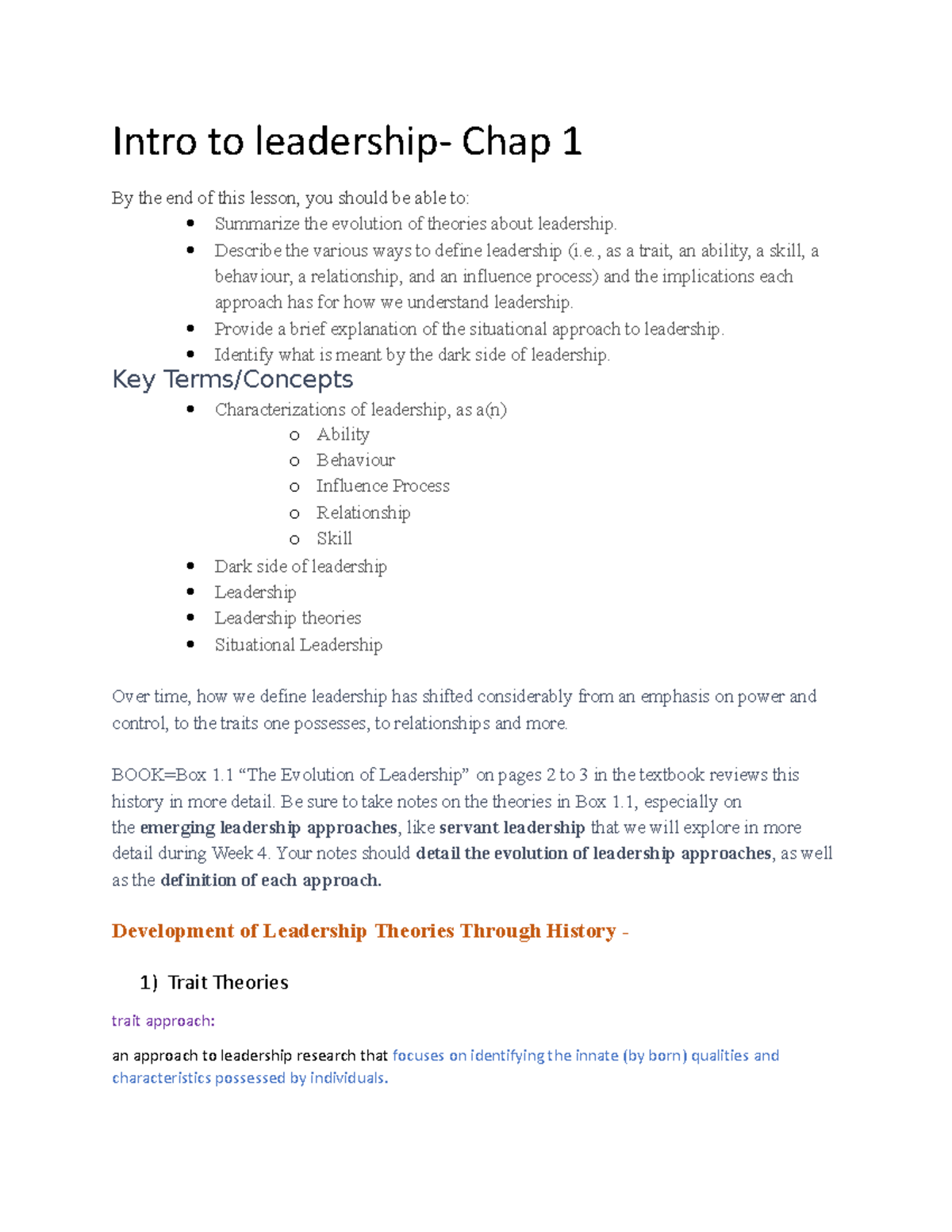 Chap 1 - class notes - Intro to leadership- Chap 1 By the end of this ...