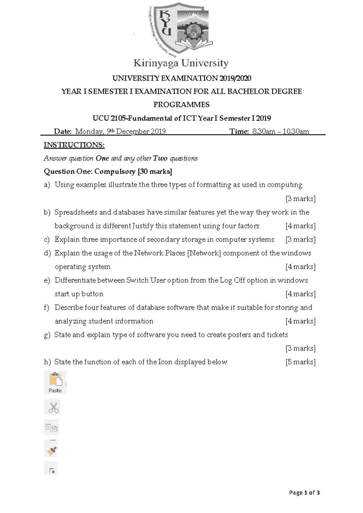 UCU 2105-Fundamental of ICT Year I Semester I 2019-1 - Page 1 of 3 ...