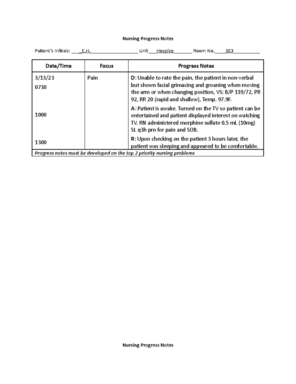 DAR 1 (E - DAR - Clinicals - Nursing Progress Notes Patient’s Initials ...