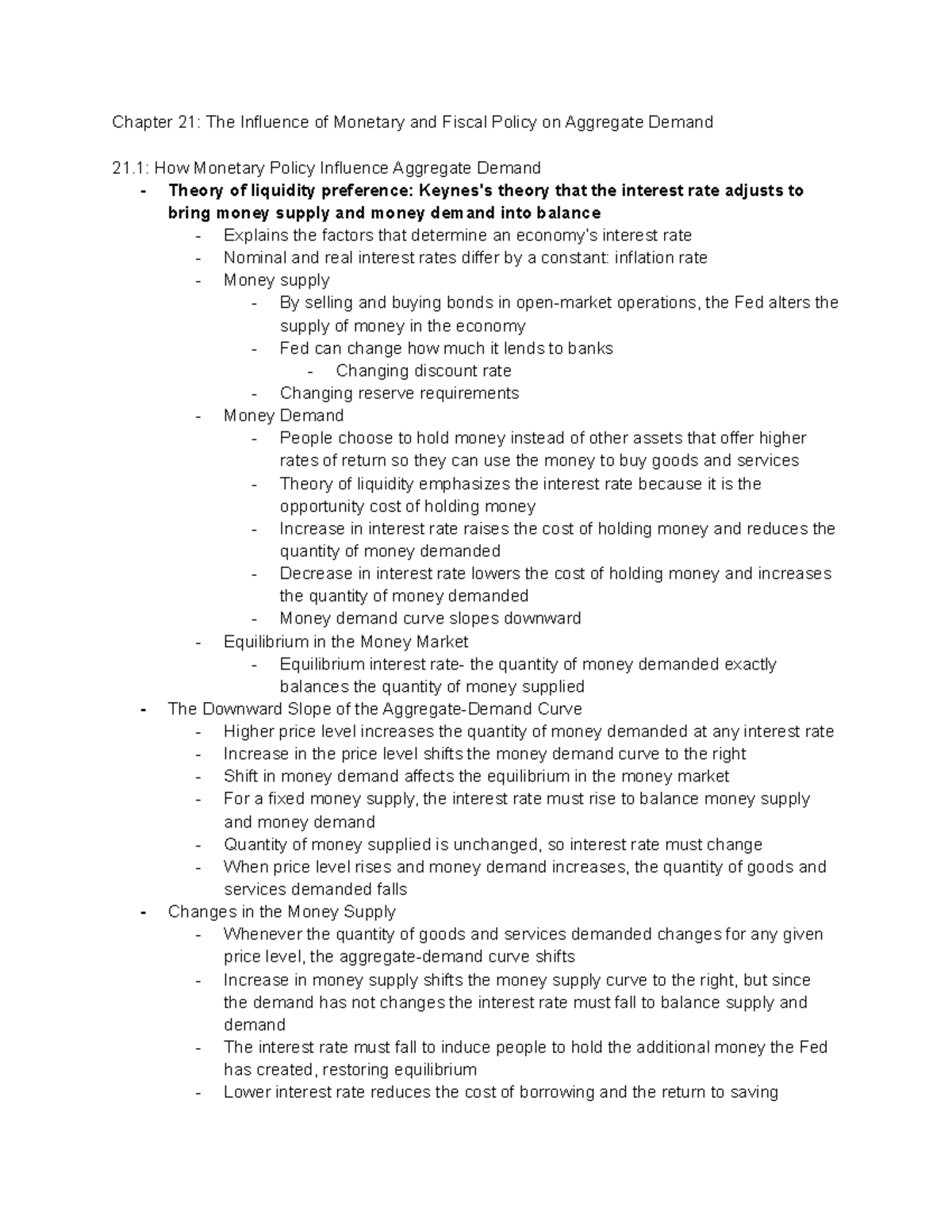 Chapter 21 Notes - Chapter 21: The Influence of Monetary and Fiscal ...