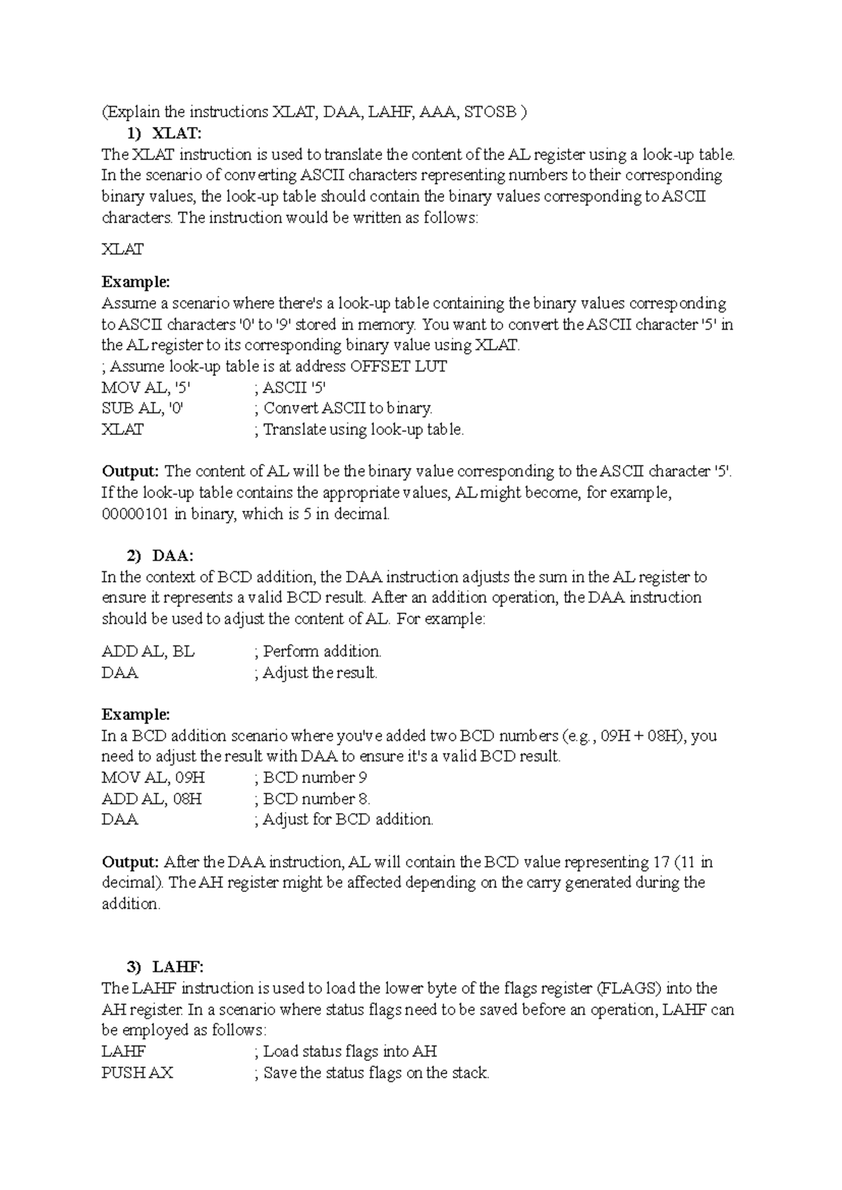 Microprocessor Notes - (Explain the instructions XLAT, DAA, LAHF, AAA ...