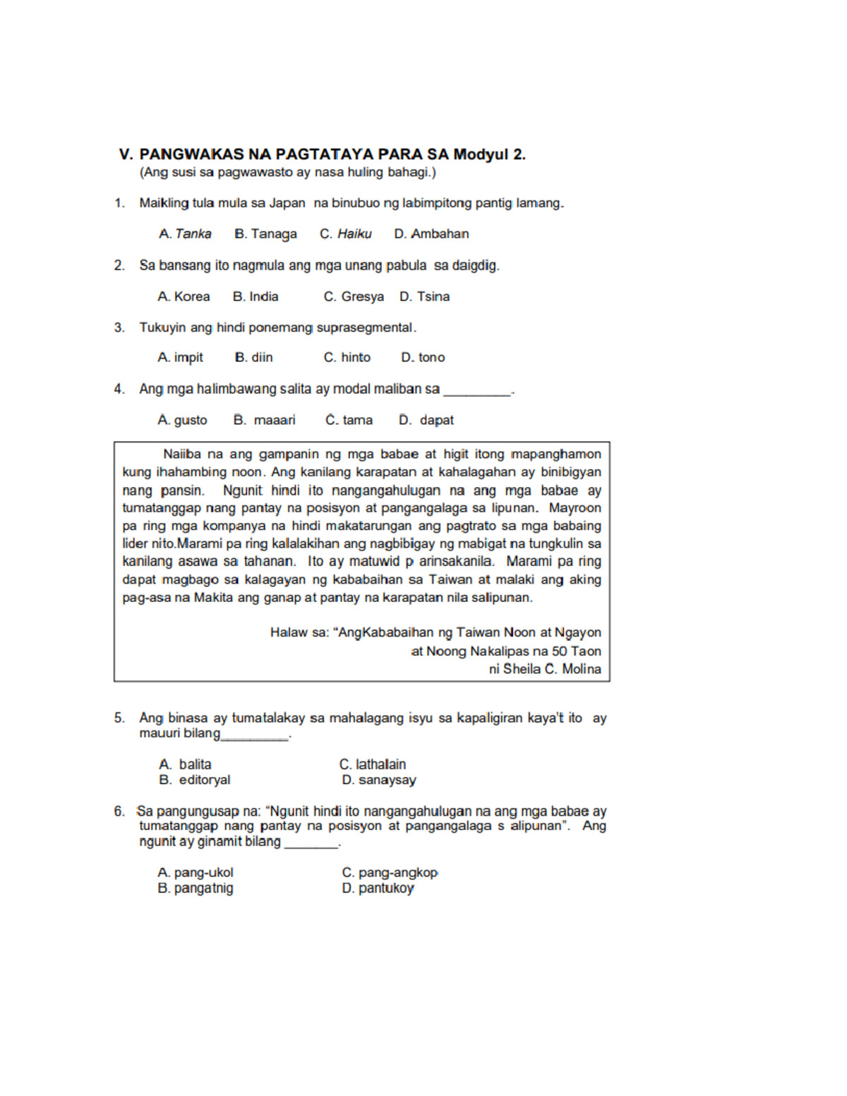 PAgwakas na gawain - V. PANGWAKAS NA PAGTATAYA PARA SA Modyul 2. (Ang susi sa pagwawasto ay nasa ...
