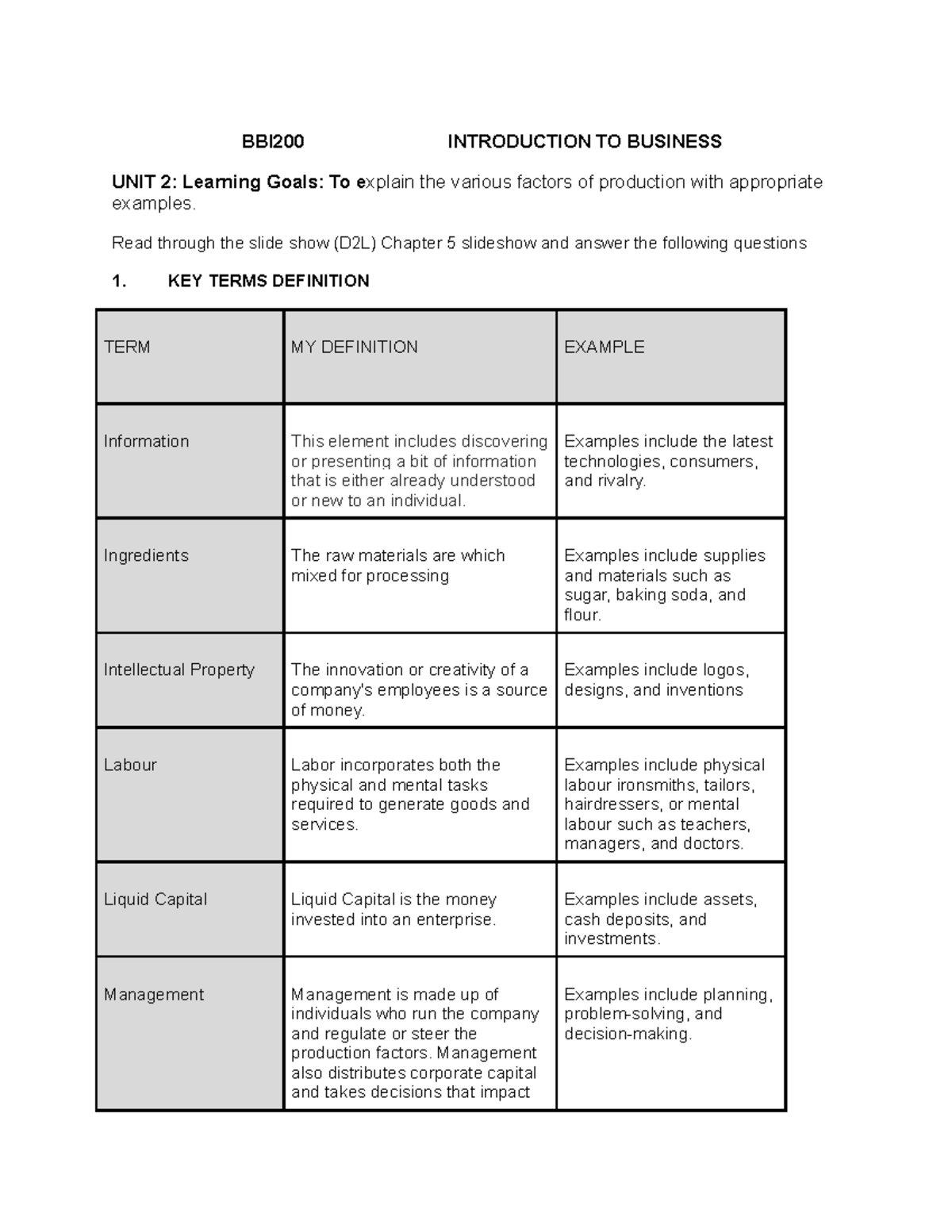 Production Questions - This is a fill in the blank worksheet for ...