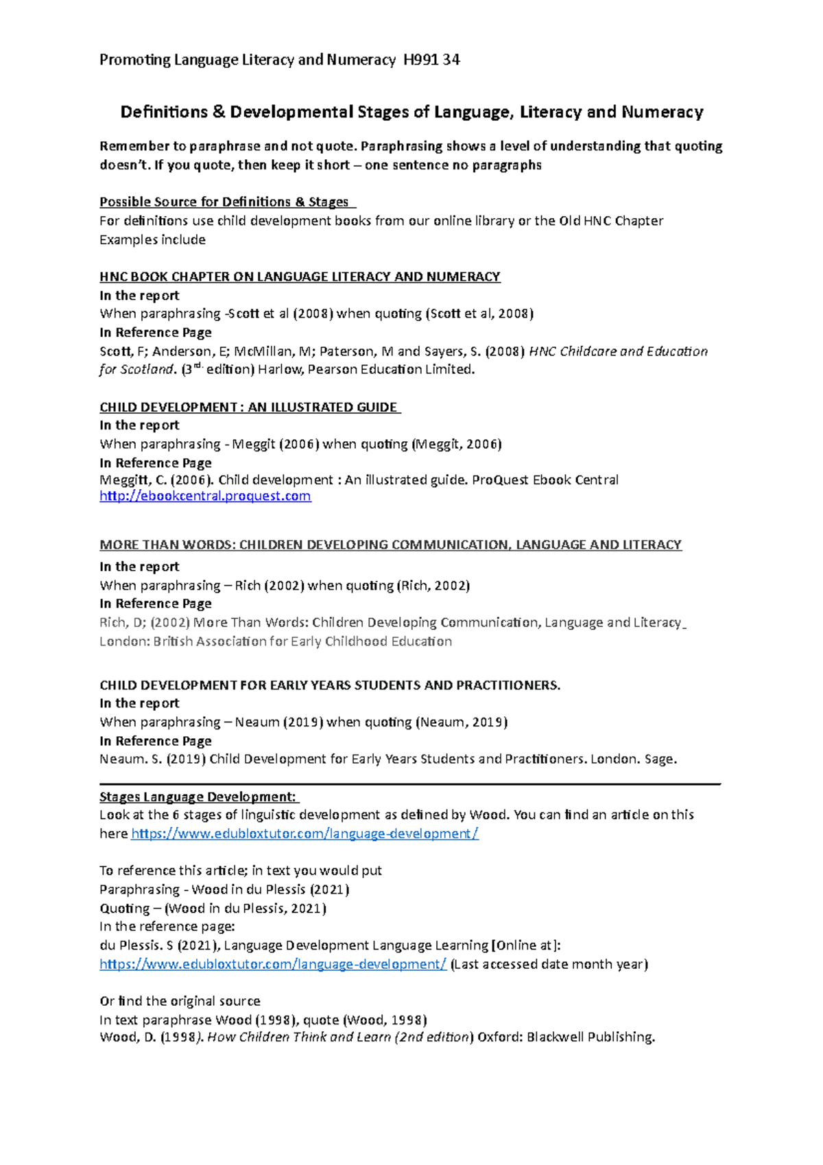 Possible Sources for Definitions & Stages of LLN - Promoting Language ...